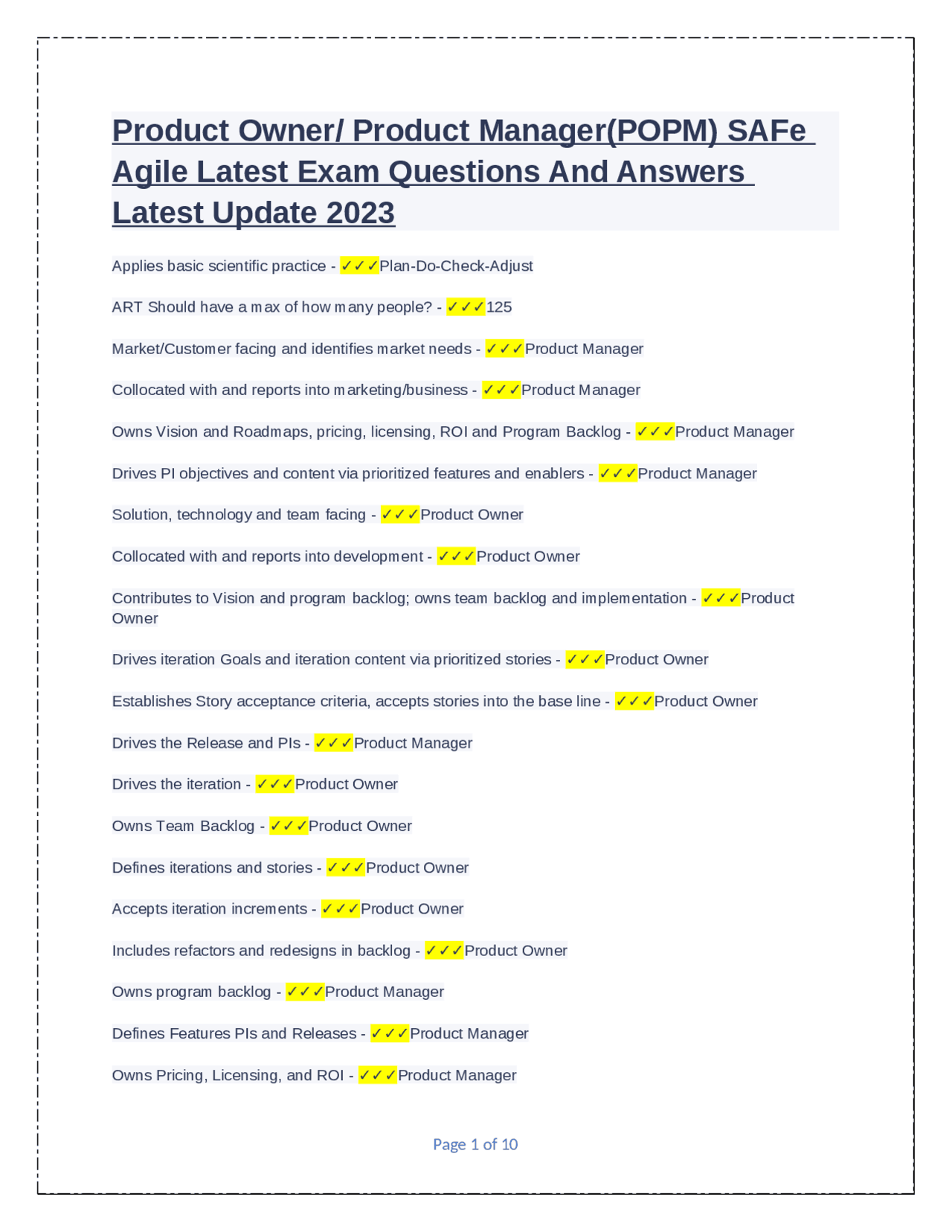 Product Owner/ Product Manager(POPM) SAFe Agile Latest Exam Questions ...