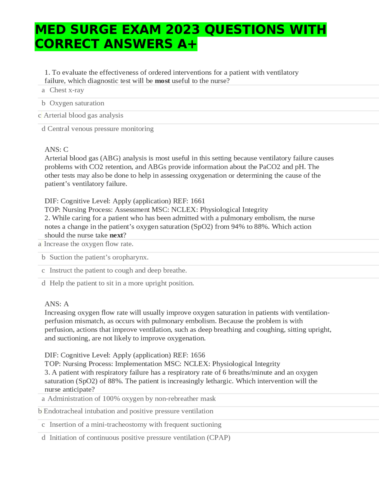 Med Surge Exam 2023 Questions With Correct Answers A Exams Nursing