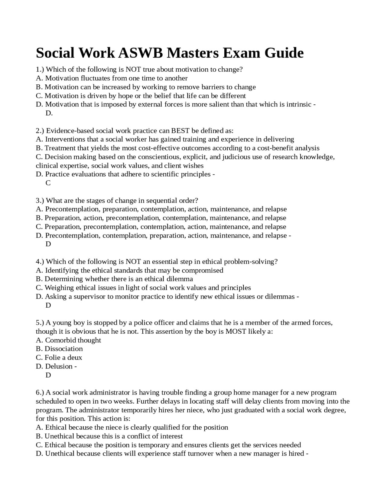 Social Work Aswb Masters Exam Guide Exams Social Work Docsity 