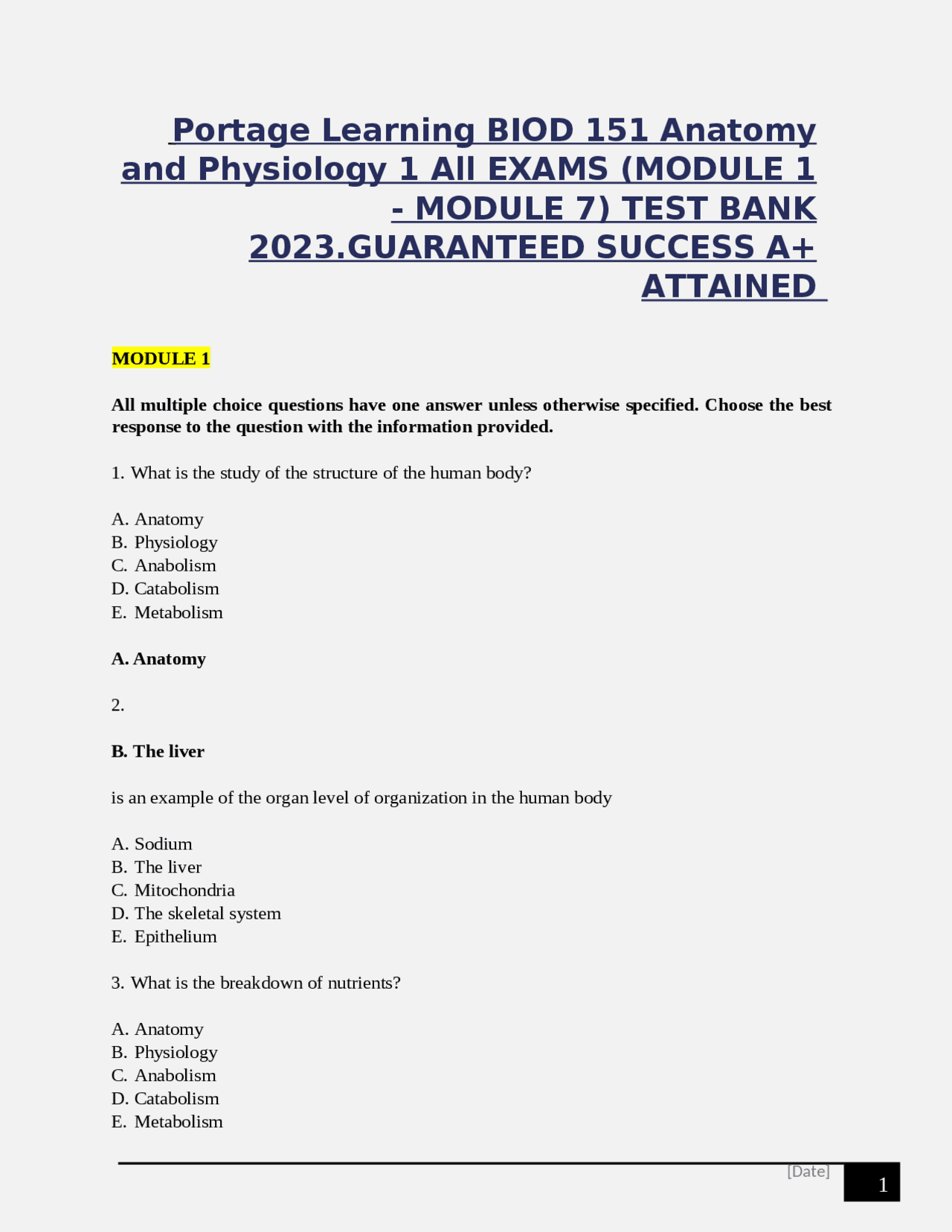 Portage Learning BIOD 151 Anatomy and Physiology 1 All EXAMS (MODULE 1 ...