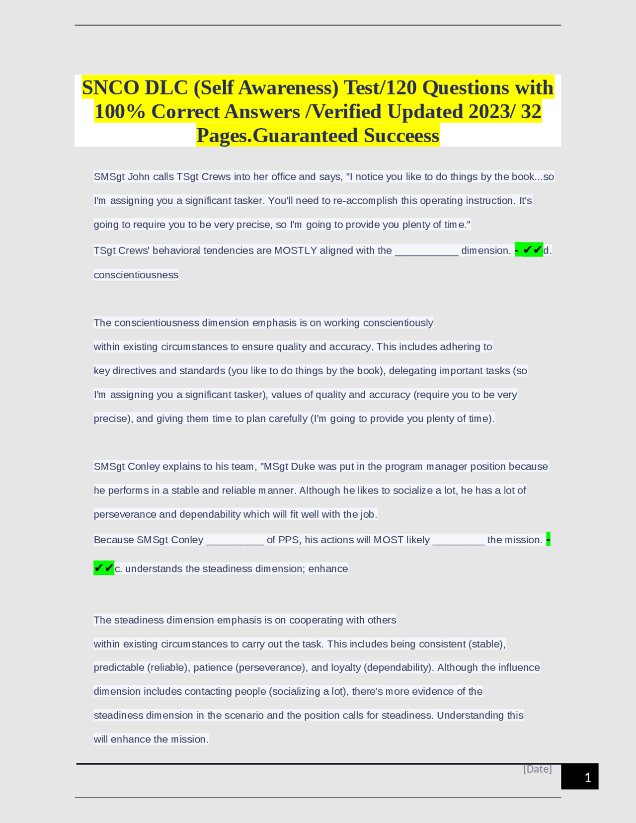 SNCO DLC (Self Awareness) Test/120 Questions with 100% Correct Answers ...