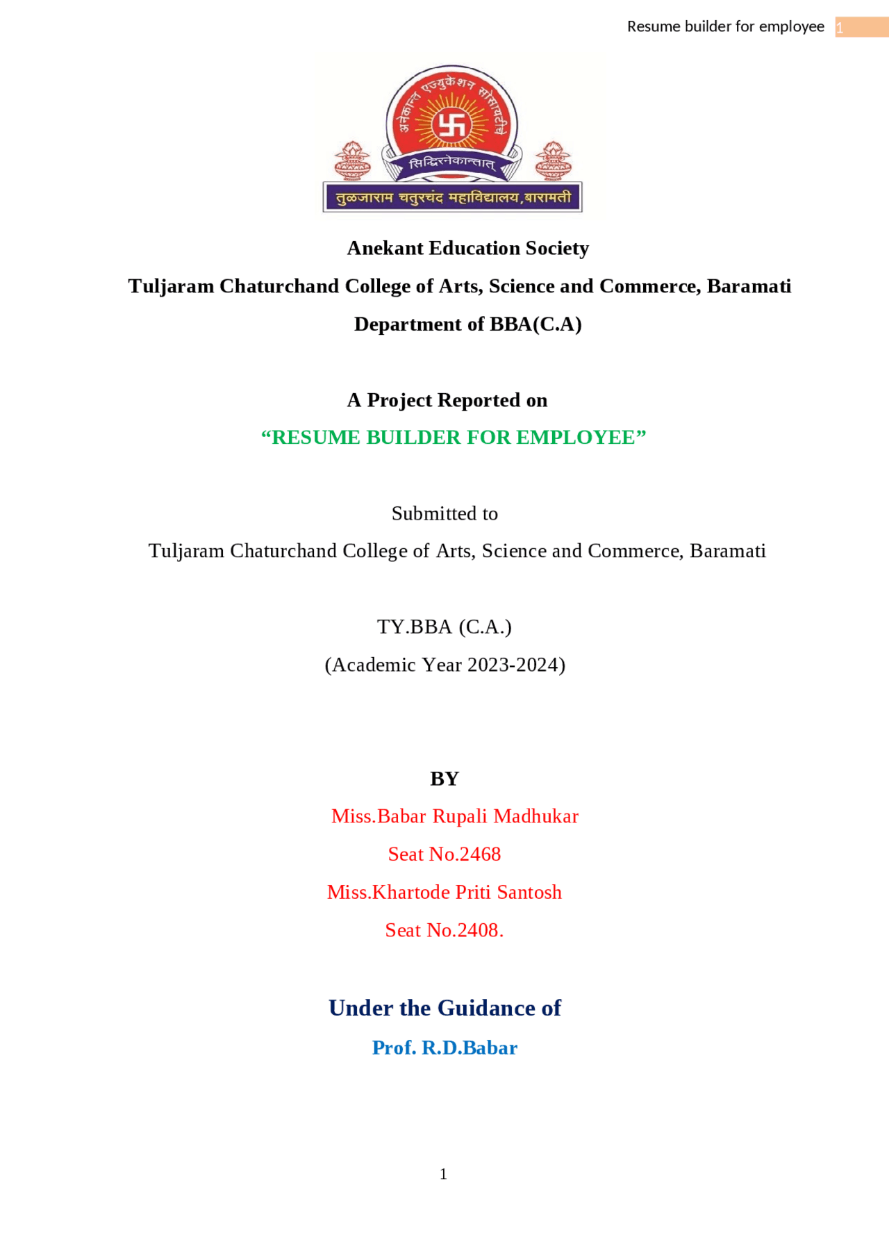 Project Report On Resume Builder Thesis Project Management Docsity