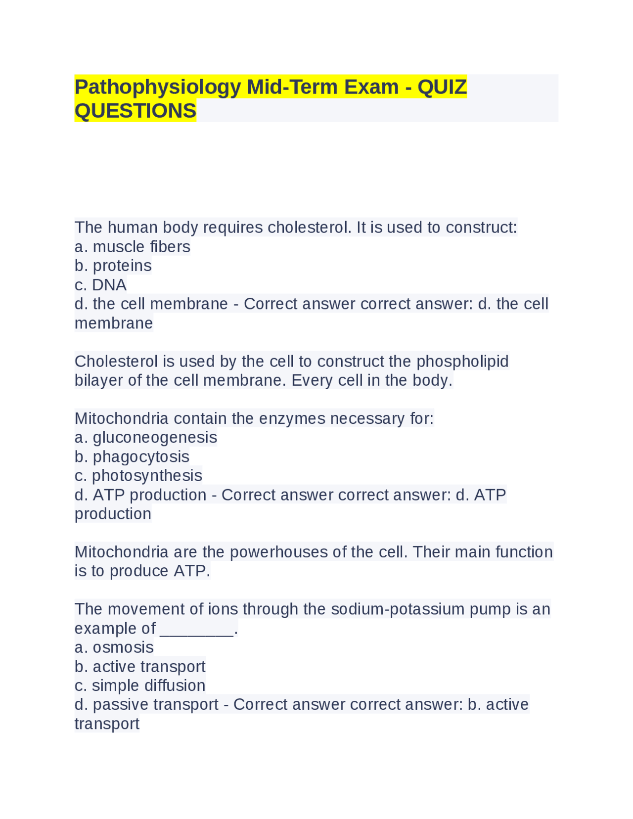 Pathophysiology Mid Term Exam Quiz Questions Exams Nursing Docsity