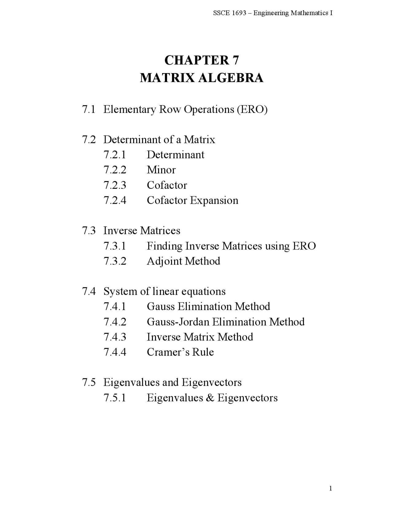 Matrix Algebra 1st Year Lecture Notes Engineering Mathematics Docsity