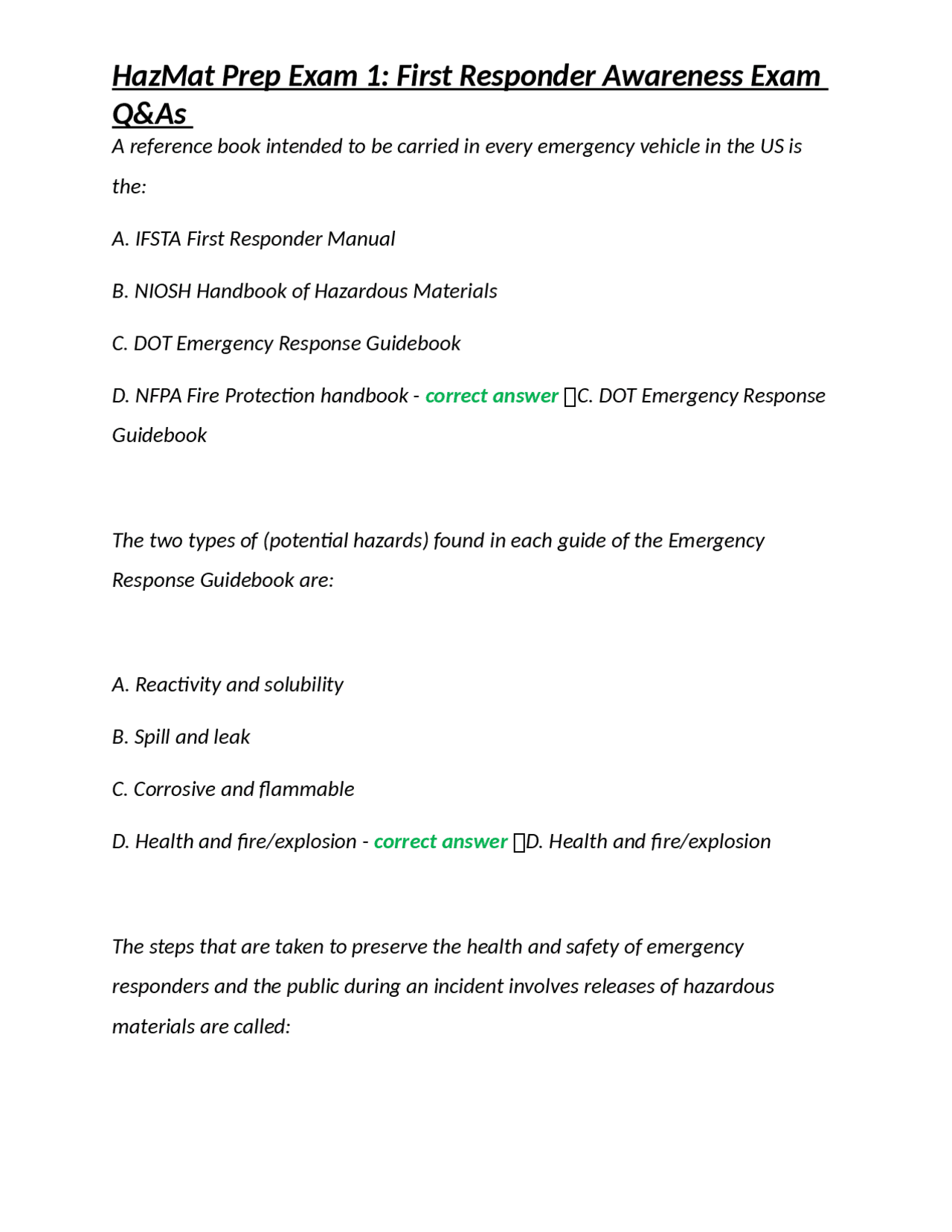 HazMat Prep Exam 1: First Responder Awareness Exam Q&As | Exams Nursing ...