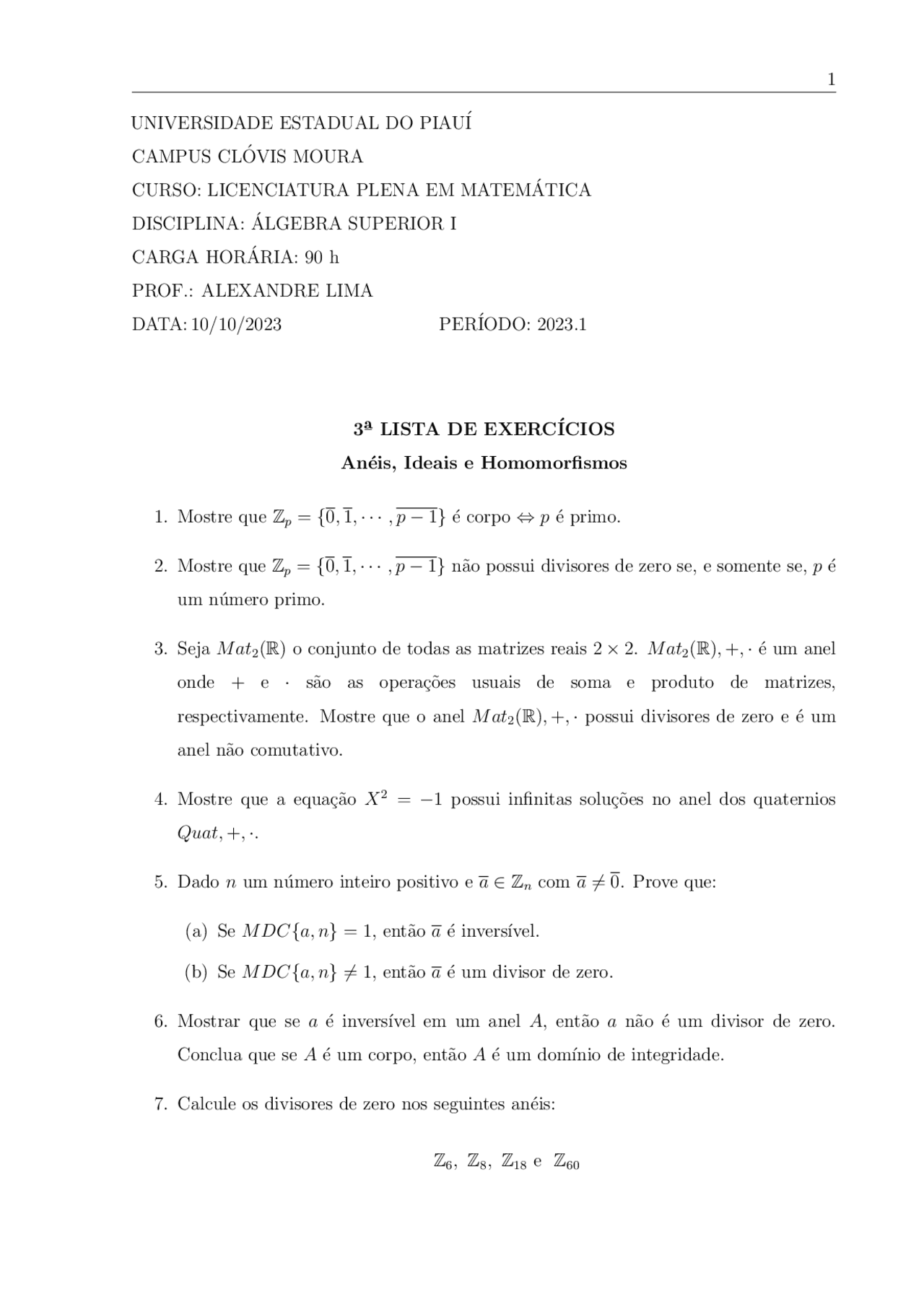 Lista Álgebra Superior | Exercícios Álgebra | Docsity