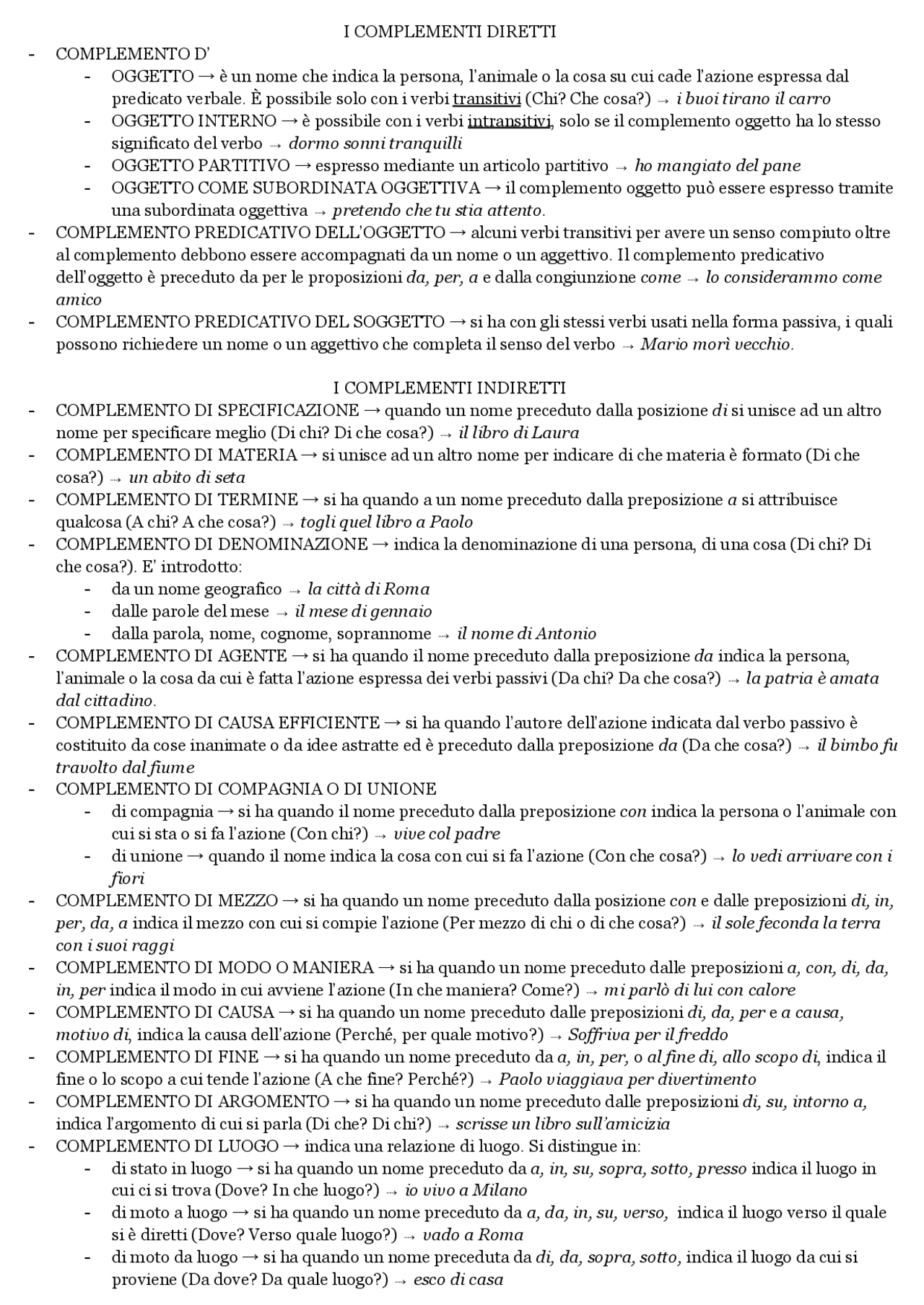 Grammatica, I complementi | Schemi e mappe concettuali di Italiano | Docsity