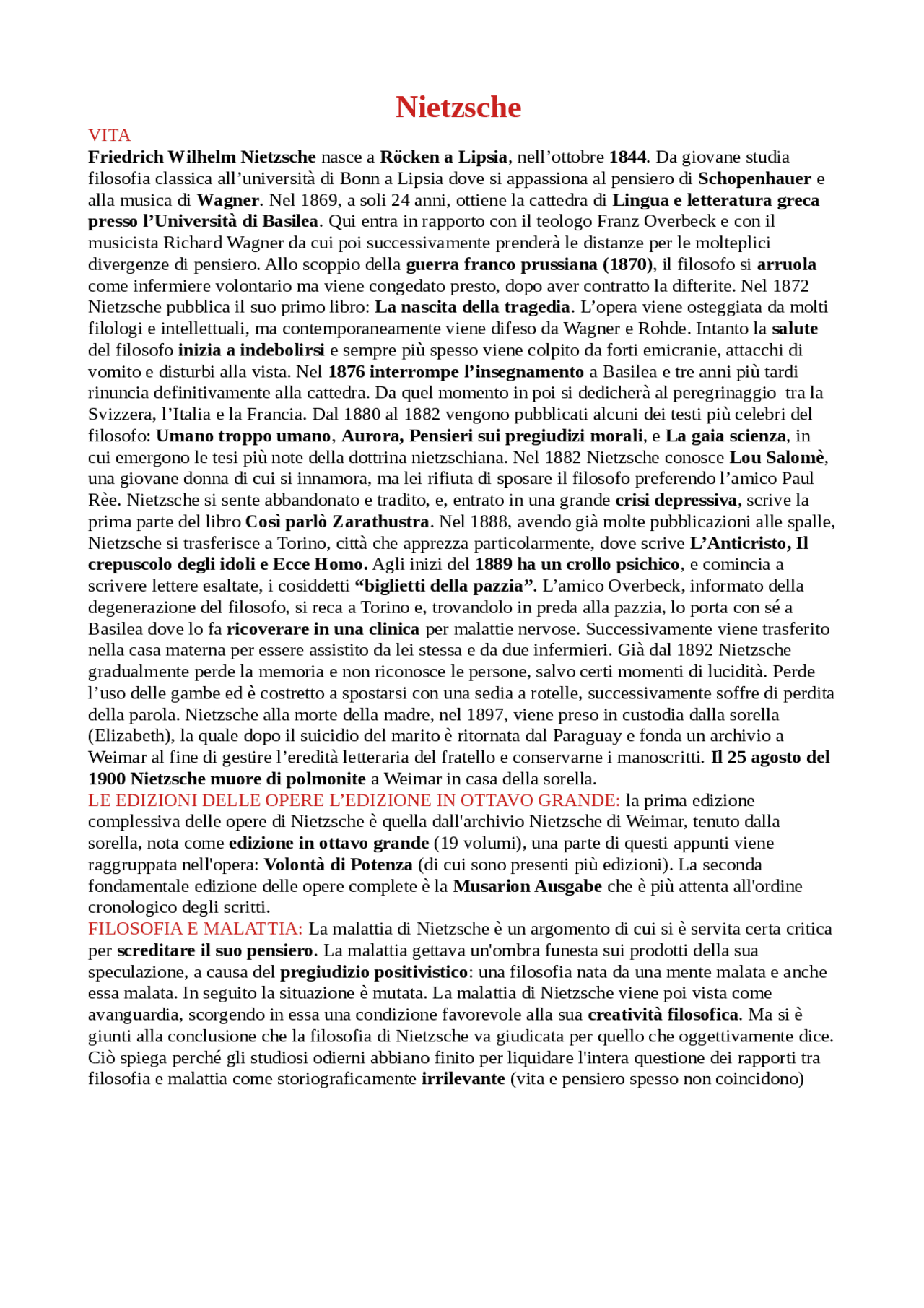 Vita E Opere Di Nietzsche Sbobinature Di Filosofia Docsity