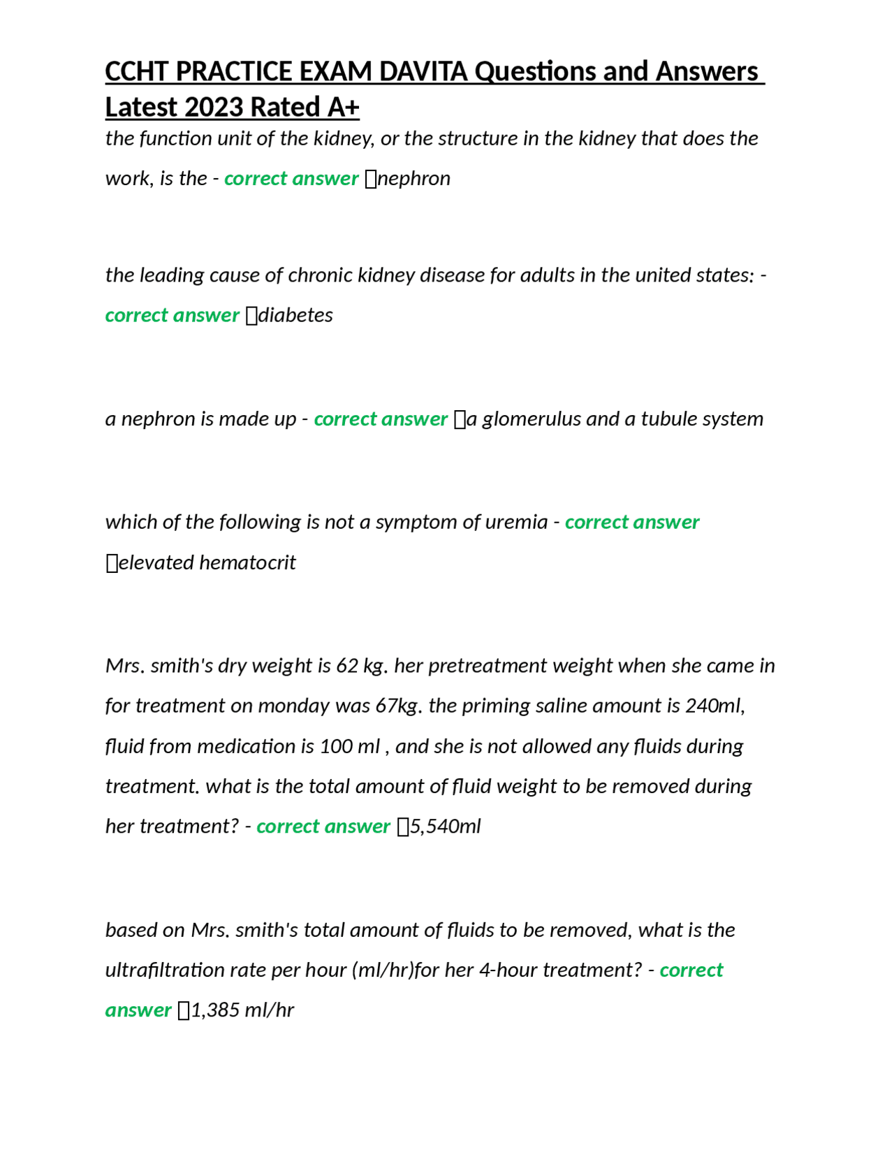 CCHT PRACTICE EXAM DAVITA Questions and Answers Latest 2023 Rated A+ ...