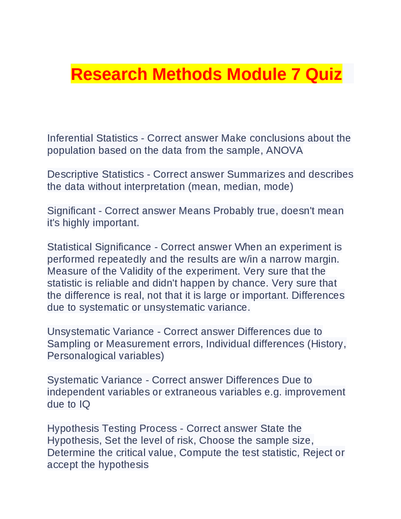 Research Methods Module 7 Quiz Exams Statistics Docsity