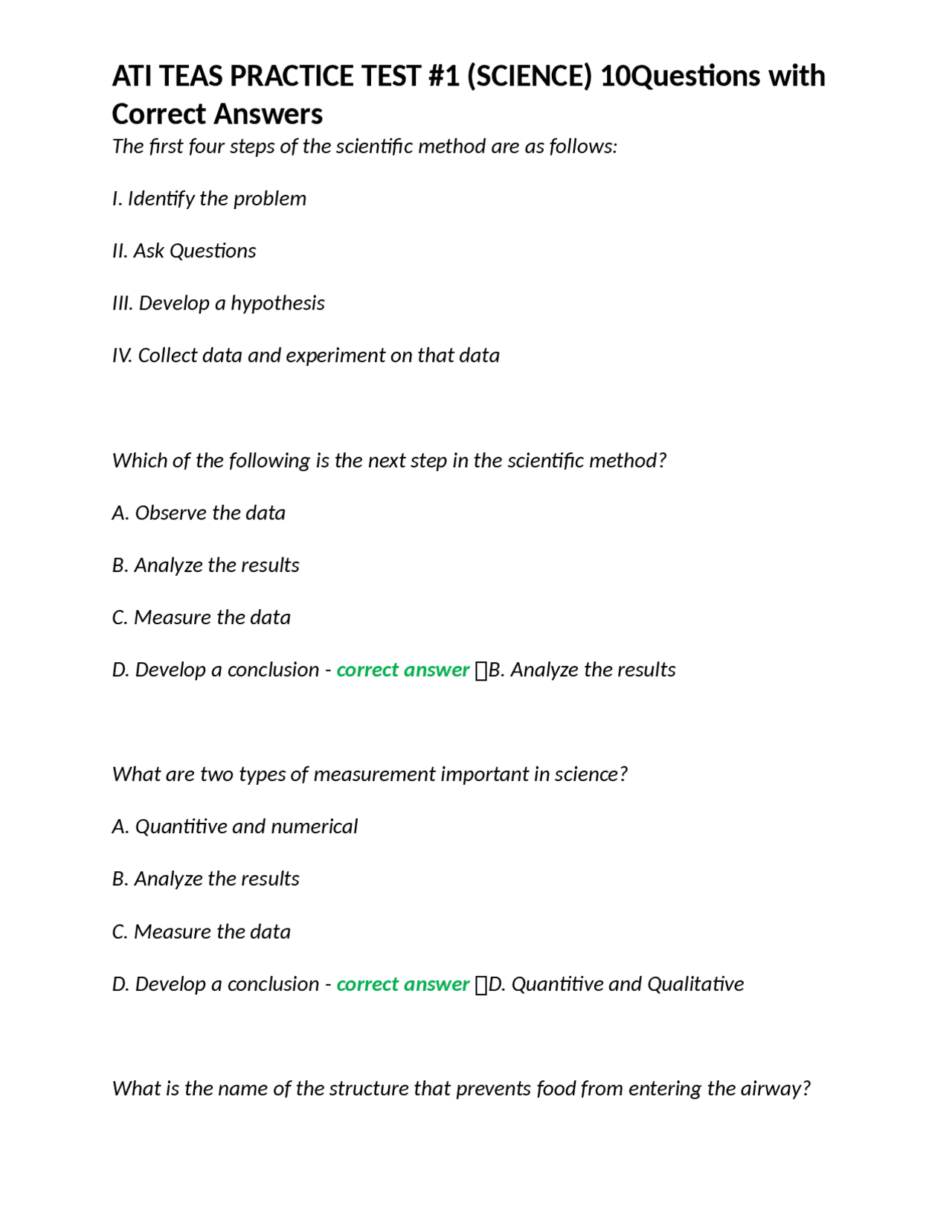 Ati Teas Practice Test 1 Science 10questions With Correct Answers