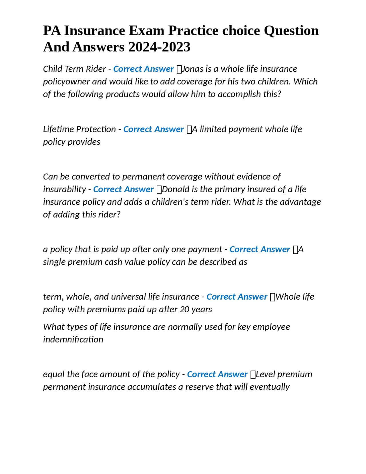 Pa Insurance Exam Practice Choice Question And Answers 2024 2023