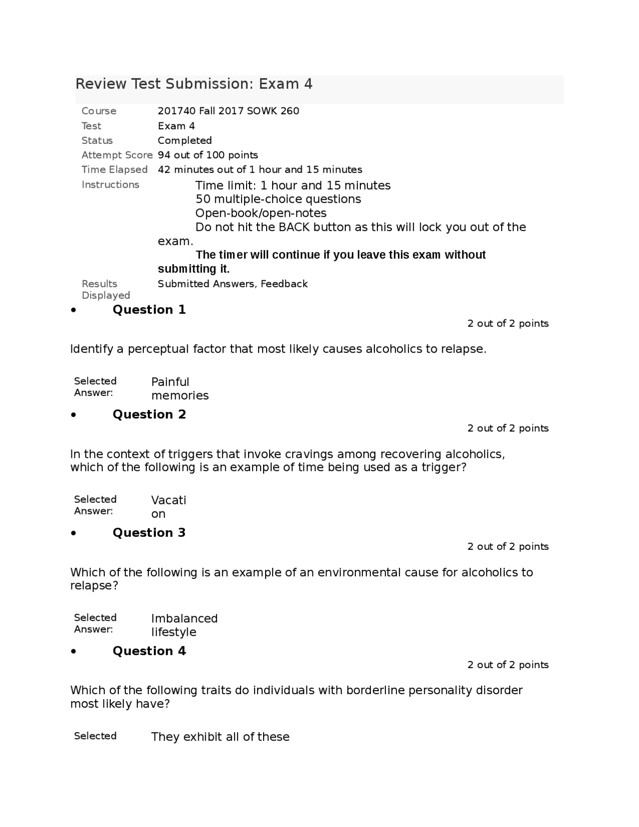 SOWK 260 EXAM 4 Review Test Submission: Exam 4 Completed Attempt Score ...