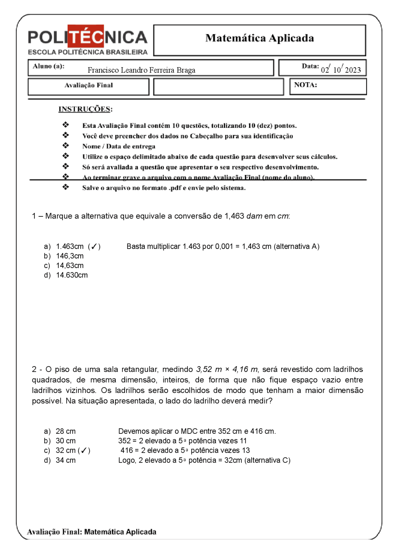 Matemática Aplicada 1 | Provas Matemática | Docsity