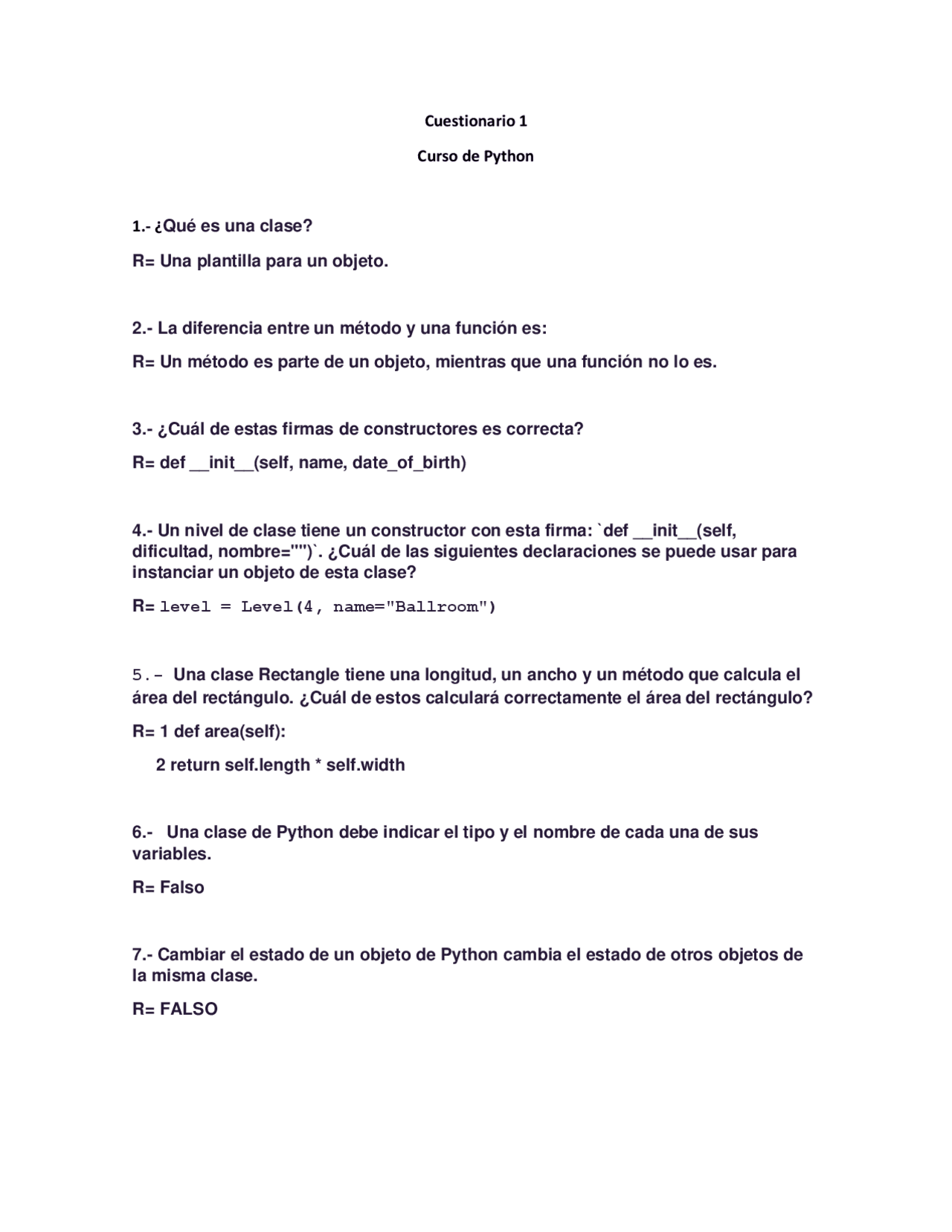 Curso de Phyton cuestionario 1 | Apuntes de Informática | Docsity