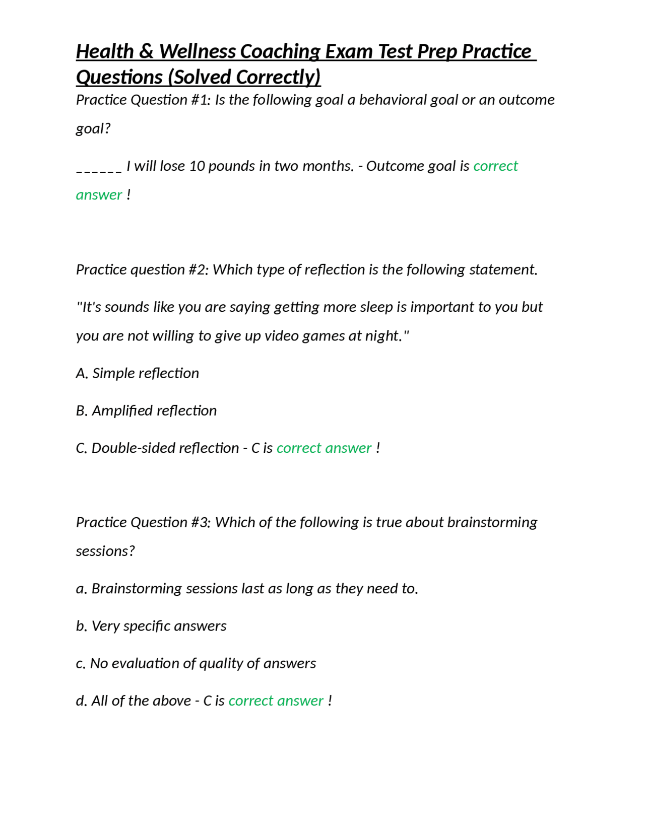 Health & Wellness Coaching Exam Test Prep Practice Questions (Solved ...