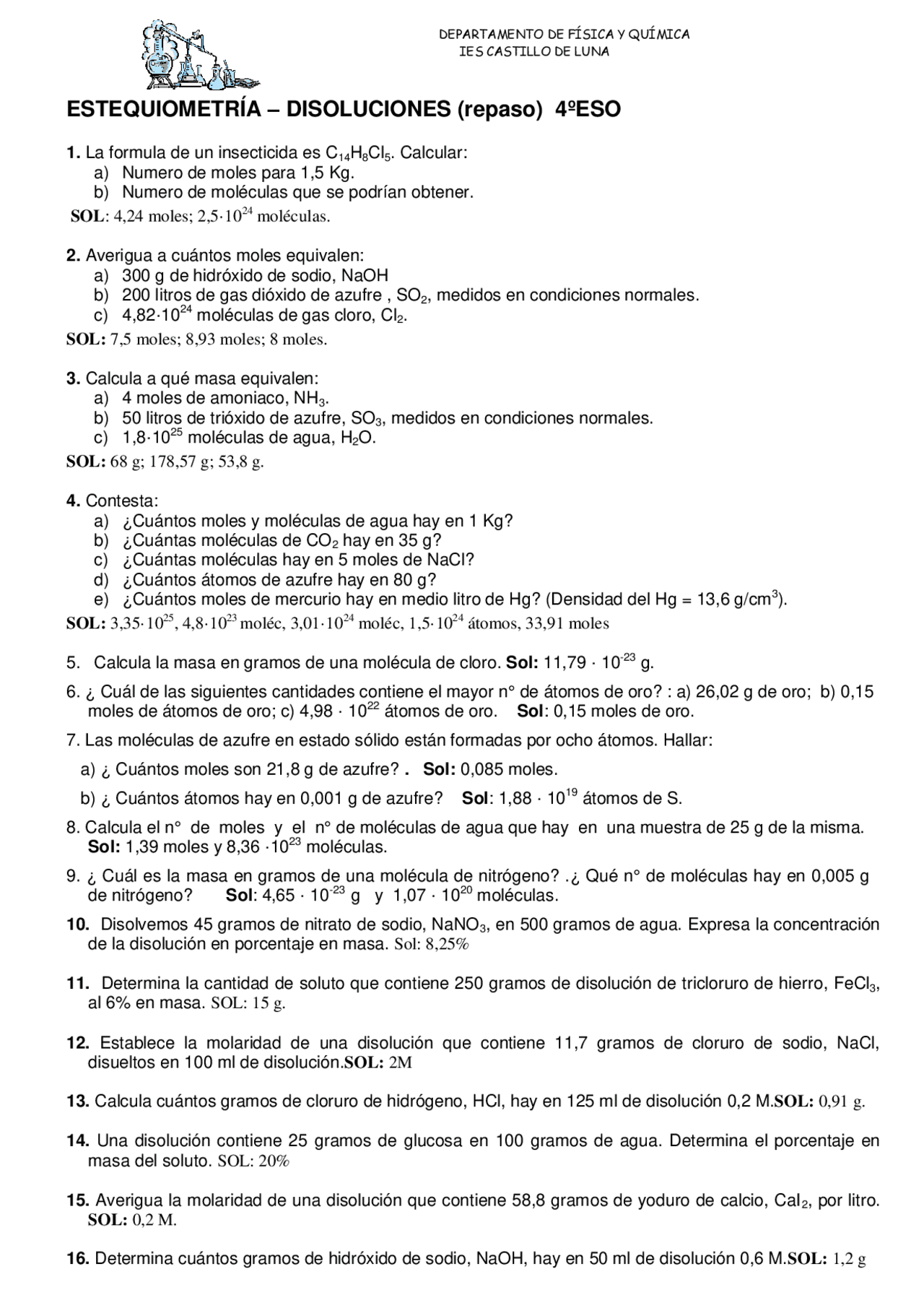 Ejercicios moles química | Ejercicios de Química | Docsity
