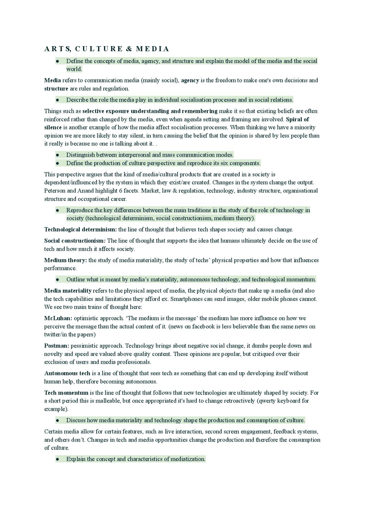 Arts, Culture and Media | Appunti di Sociologia Dei Media | Docsity