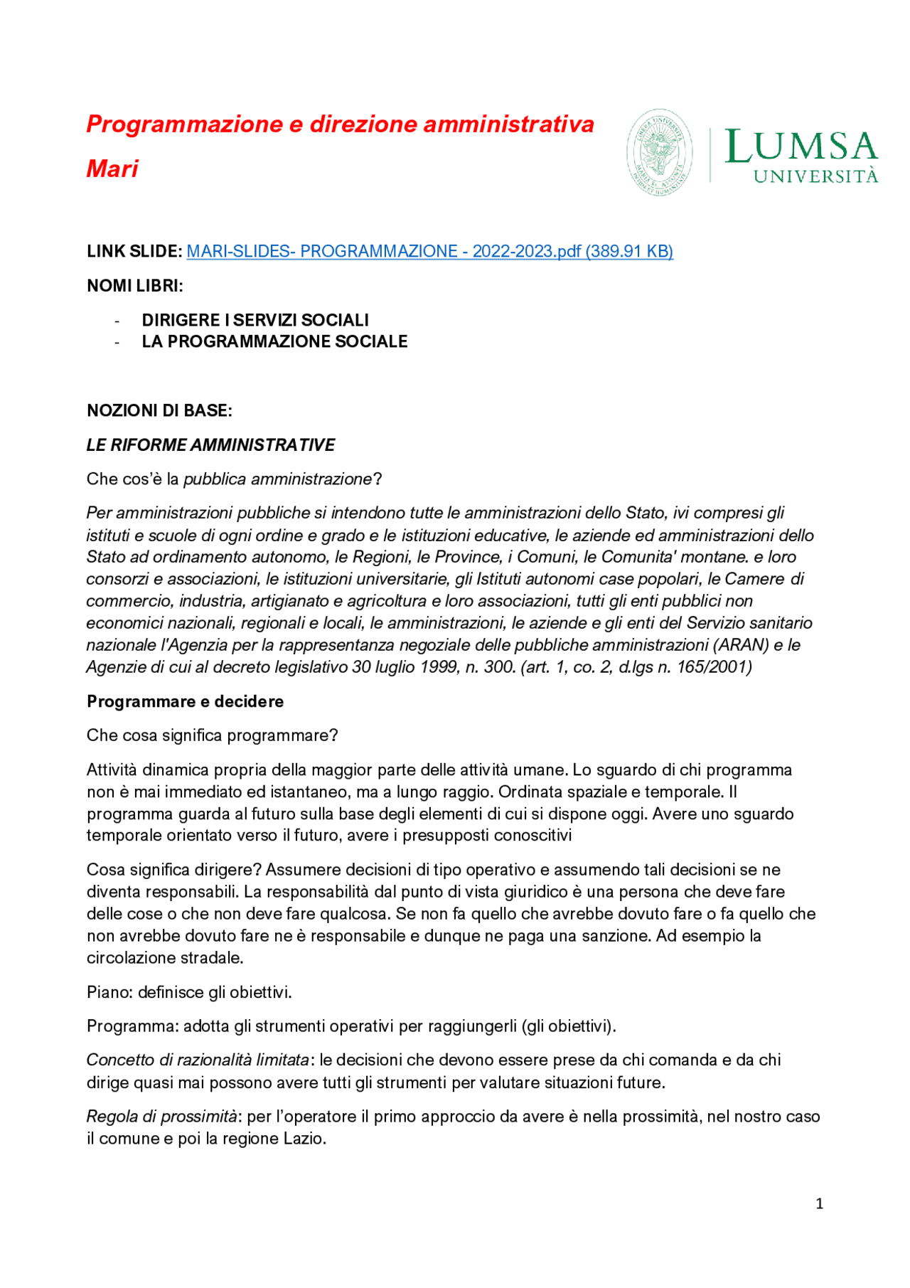 Programmazione e direzione amministrativa, appunti lezioni Angelo Mari | Appunti di Procedimento ...