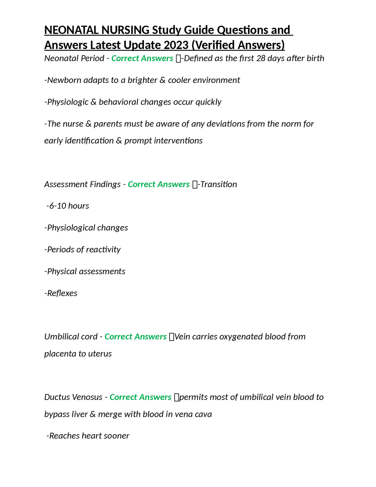 NEONATAL NURSING Study Guide Questions and Answers Latest Update 2023 ...