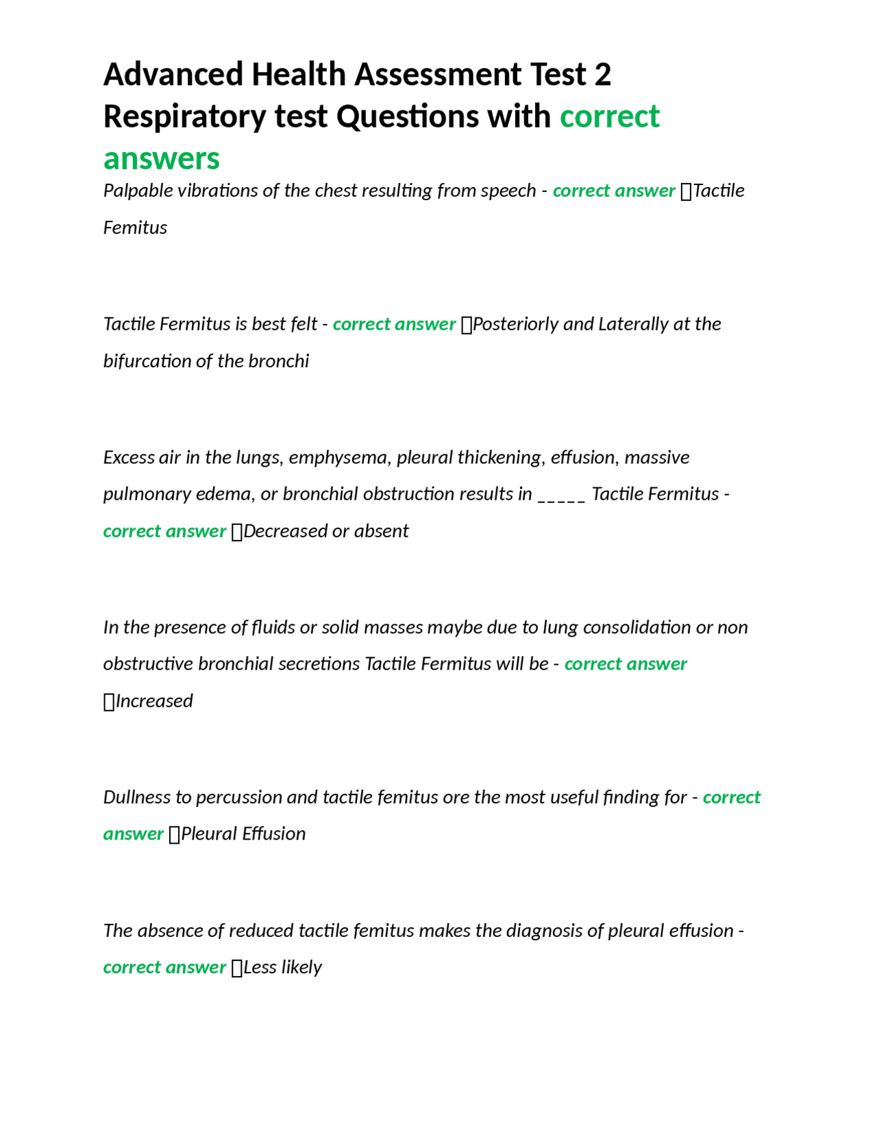 Advanced Health Assessment Test 2 Respiratory test Questions with ...
