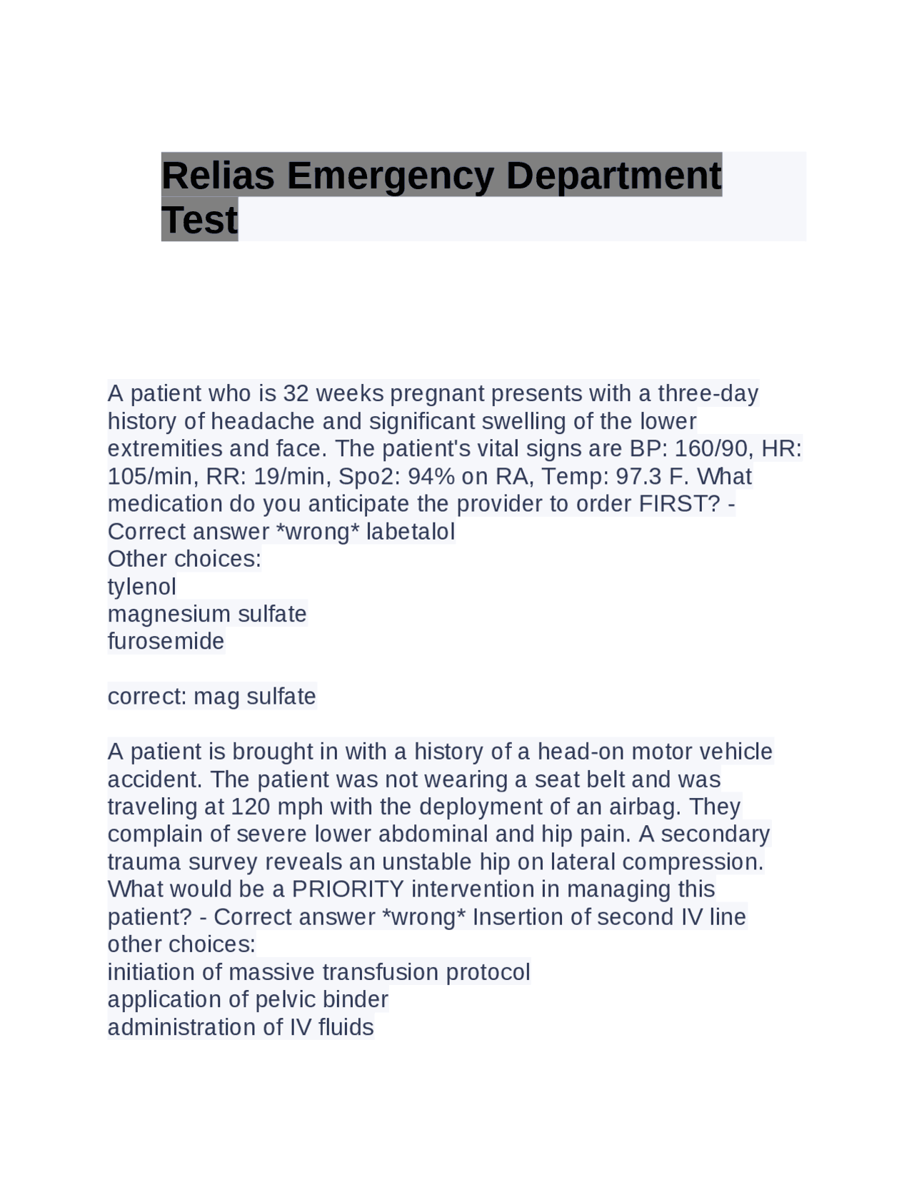 Relias Emergency Department Test | Exams Biosafety | Docsity