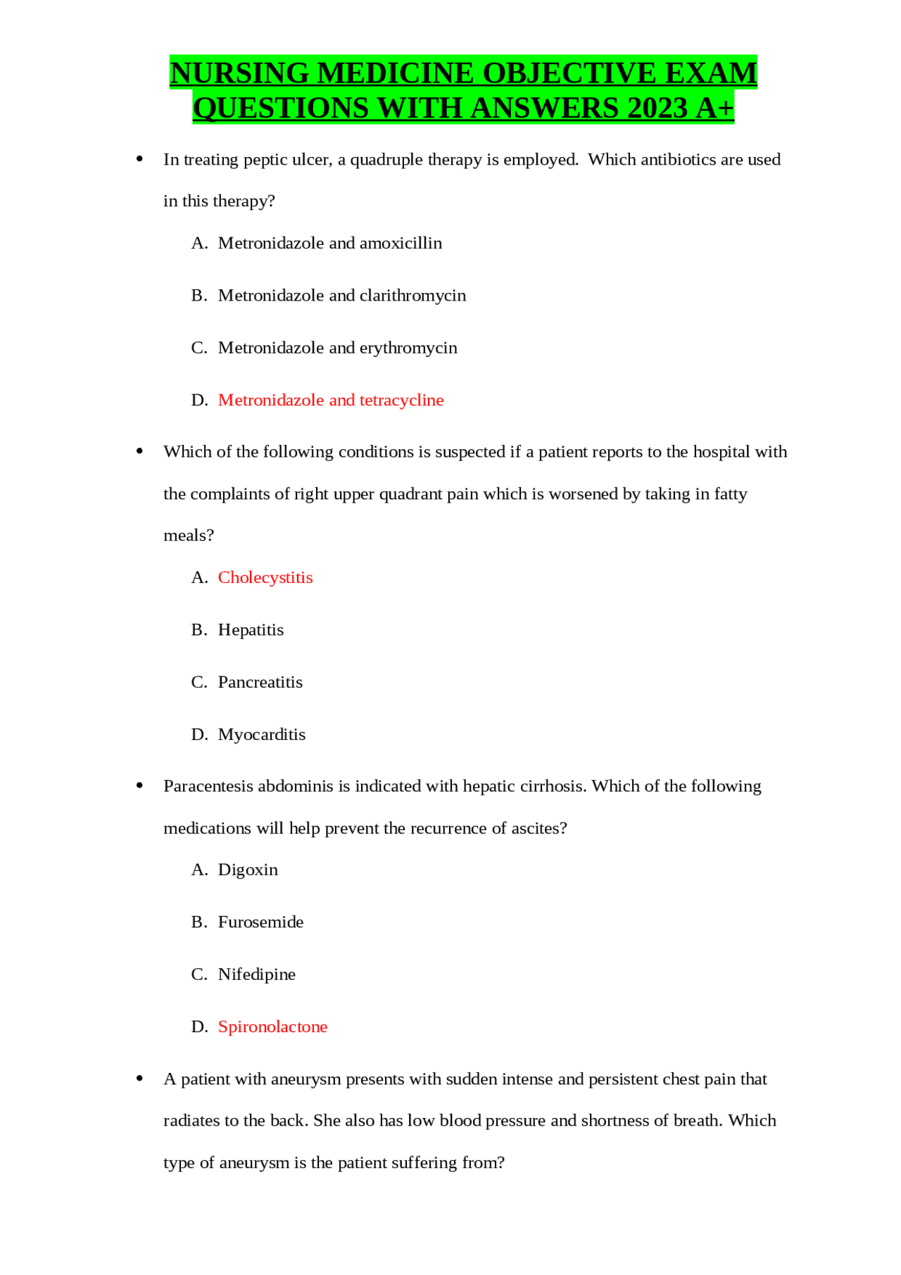Nursing Medicine Objective Exam Questions With Answers 2023 A Exams