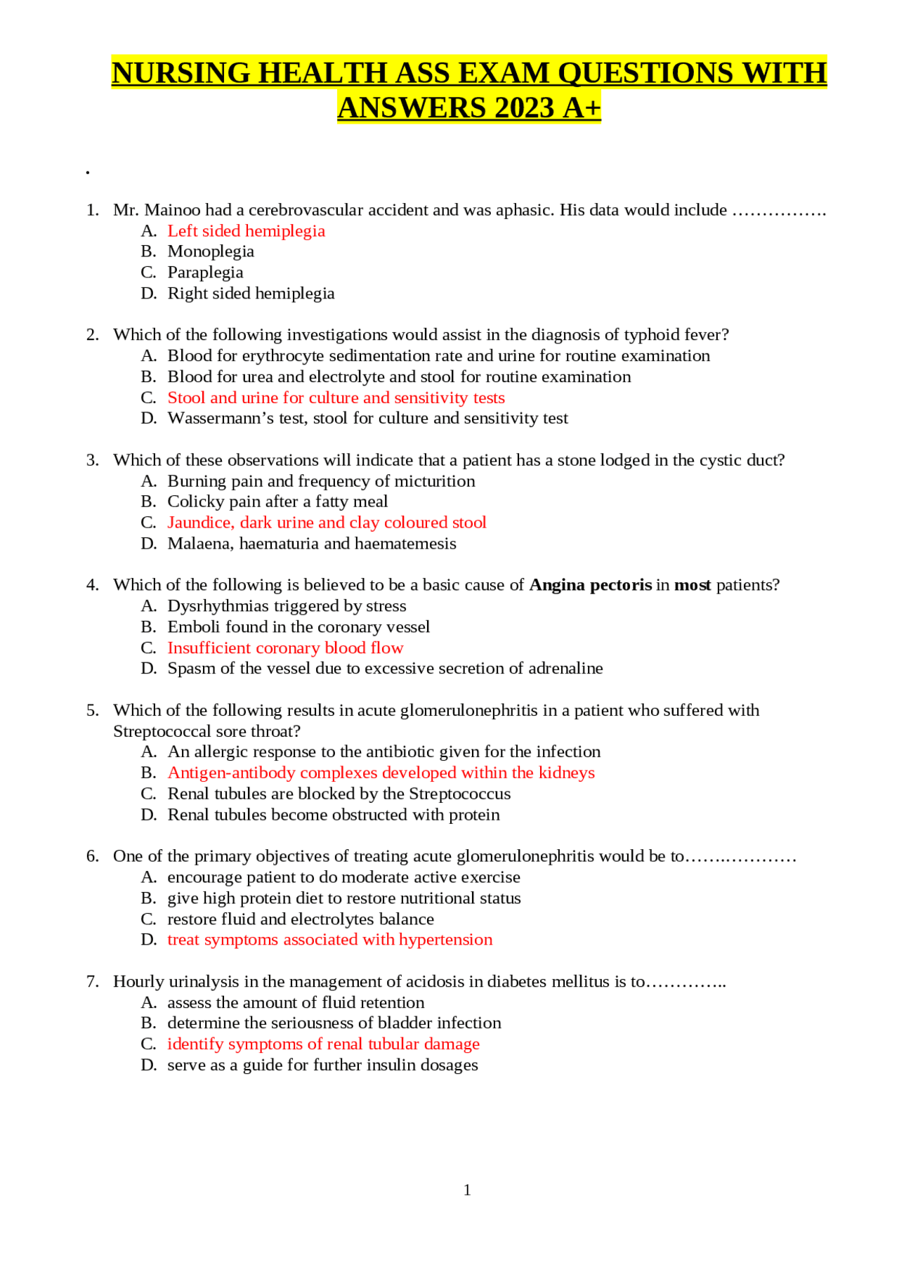 Nursing Health Ass Exam Questions With Answers 2023 A Exams Nursing