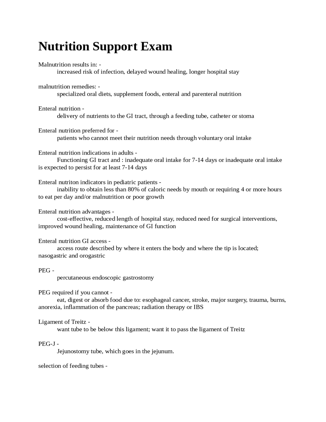 Nutrition Support Exam | Exams Nutrition | Docsity