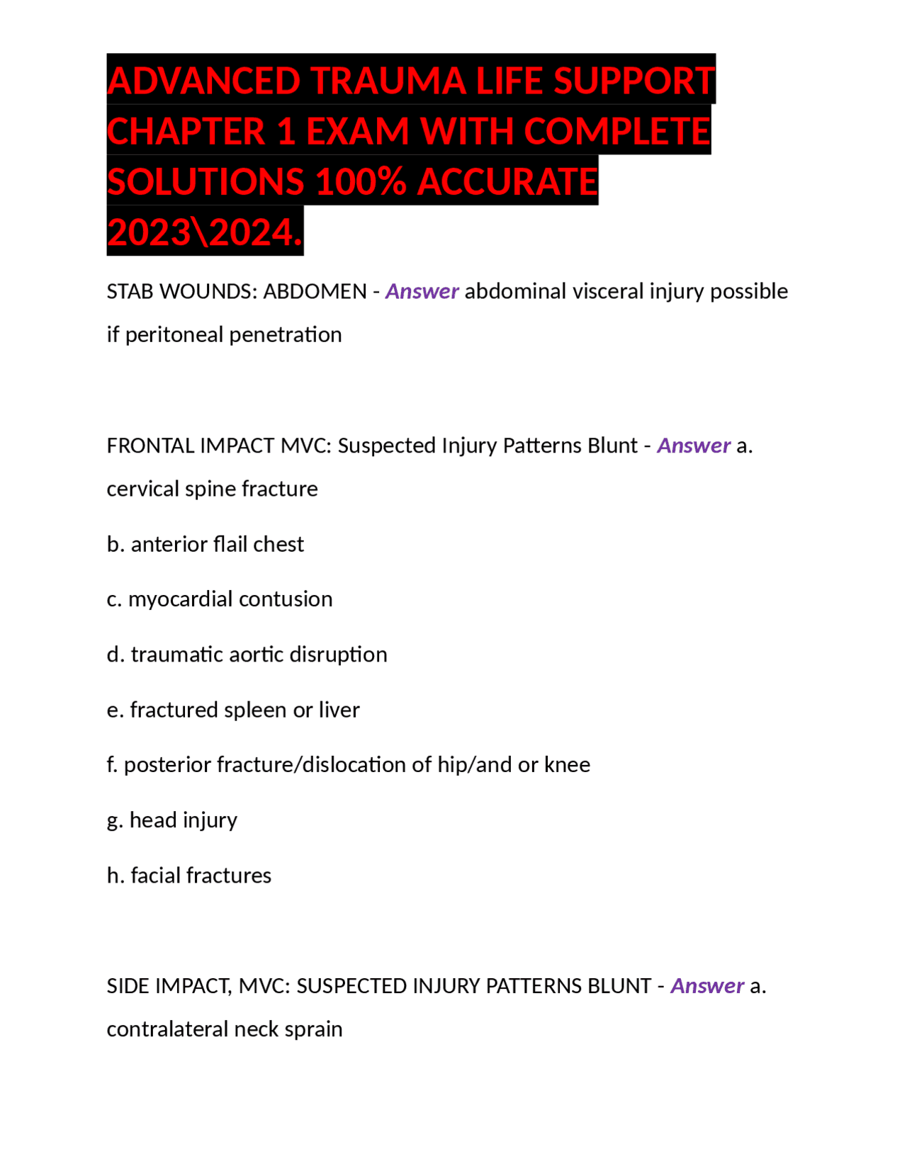 ADVANCED TRAUMA LIFE SUPPORT CHAPTER 1 EXAM WITH COMPLETE SOLUTIONS 100 ...