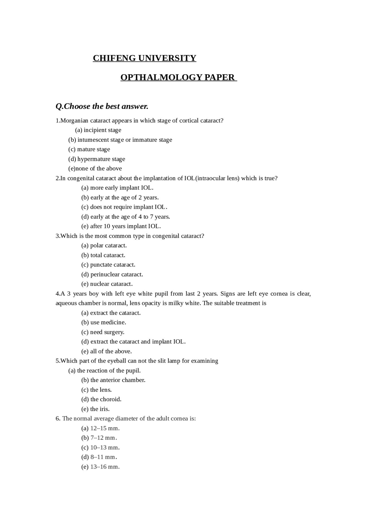 Ophthalmology exam or quiz | Quizzes Ophthalmology | Docsity