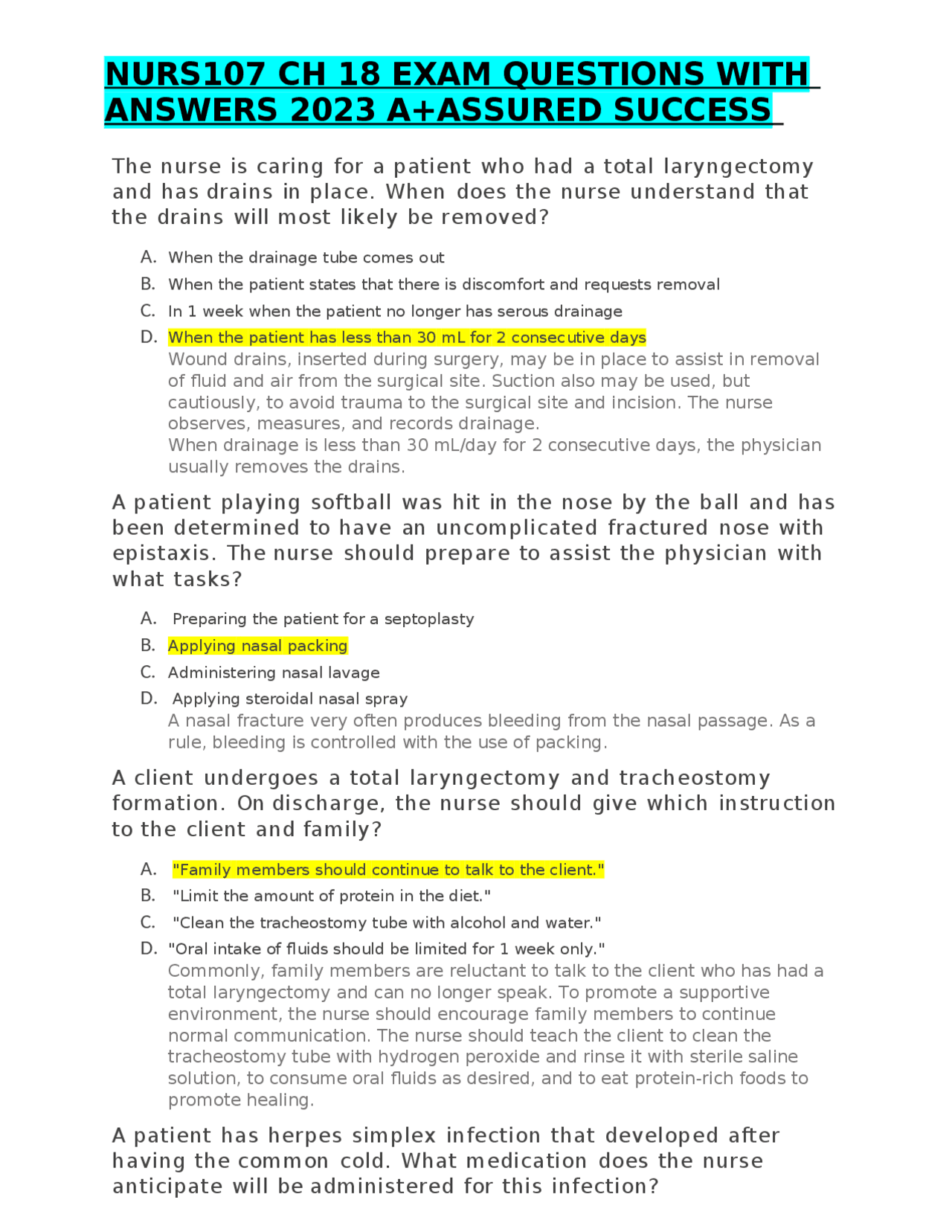 NURS107 CH 18 EXAM QUESTIONS WITH ANSWERS 2023 A+ASSURED SUCCESS ...