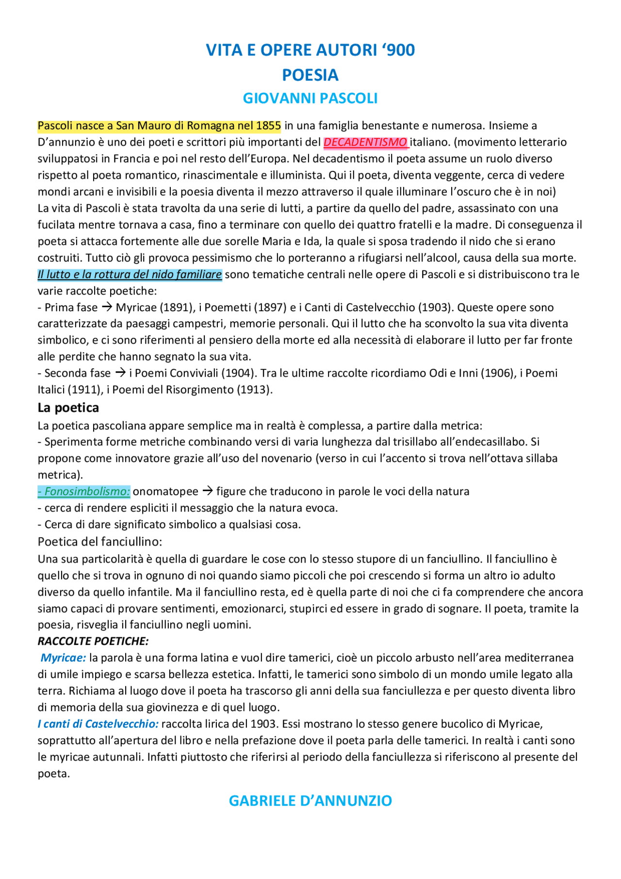 Vita e opere degli autori del '900 di letteratura italiana | Schemi e mappe concettuali di ...