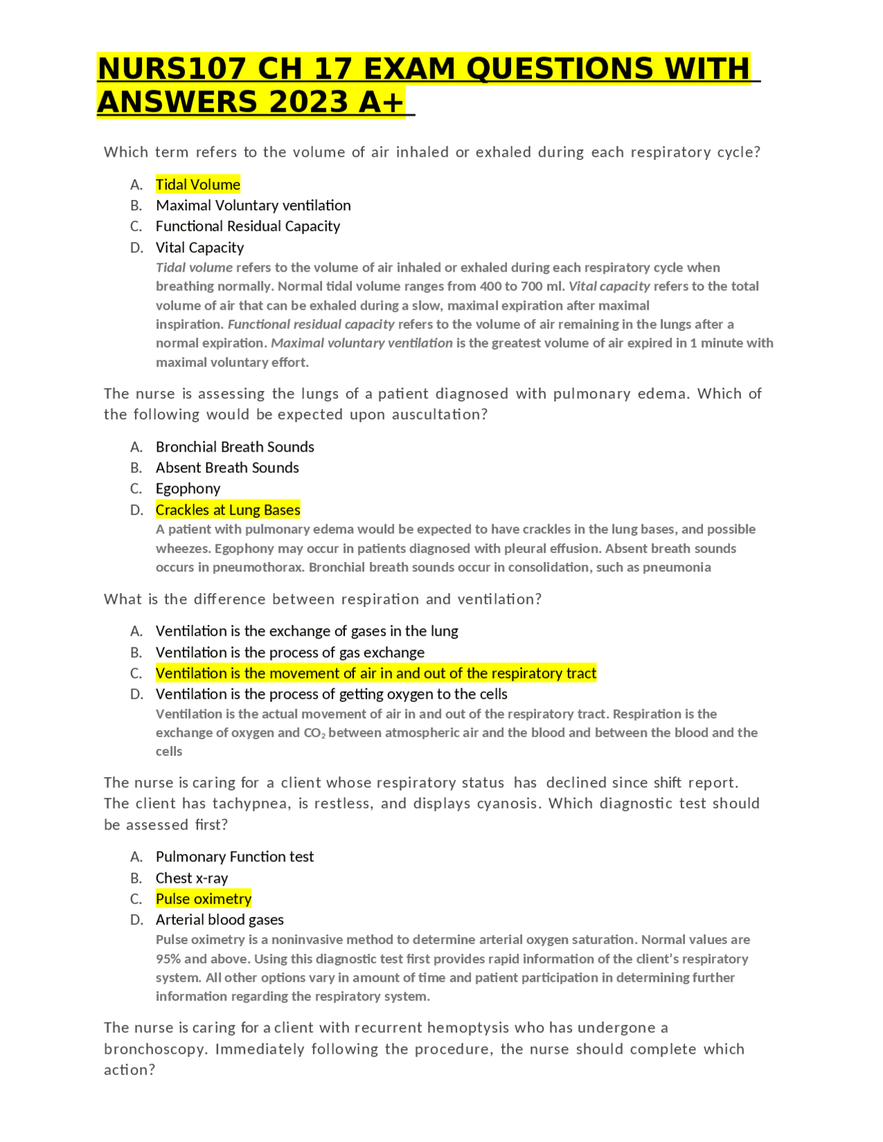 Respiratory System Exam Questions and Answers | Exams Nursing | Docsity