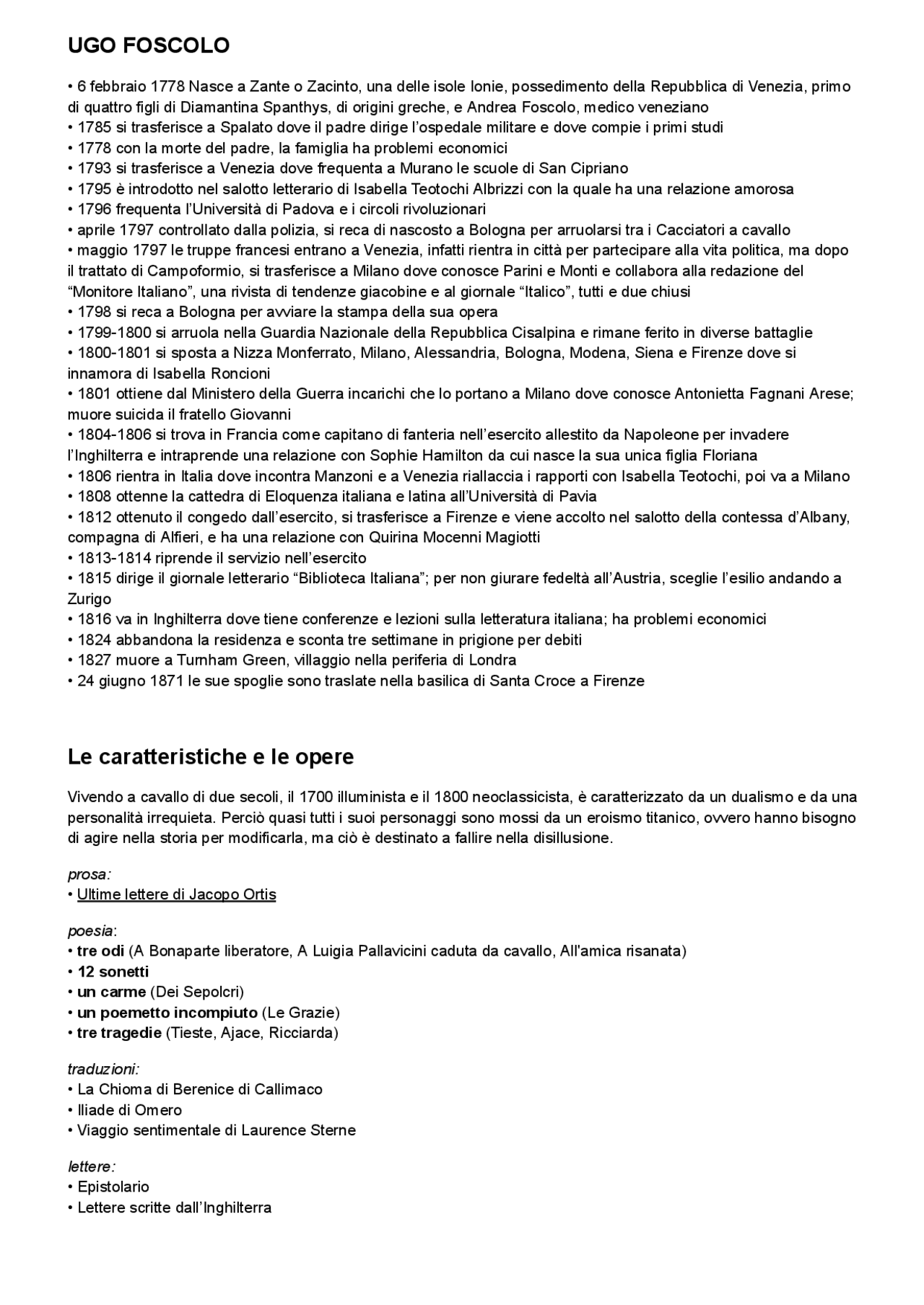 Ugo Foscolo Vita Caratteristiche E Opere Appunti Di Italiano Docsity