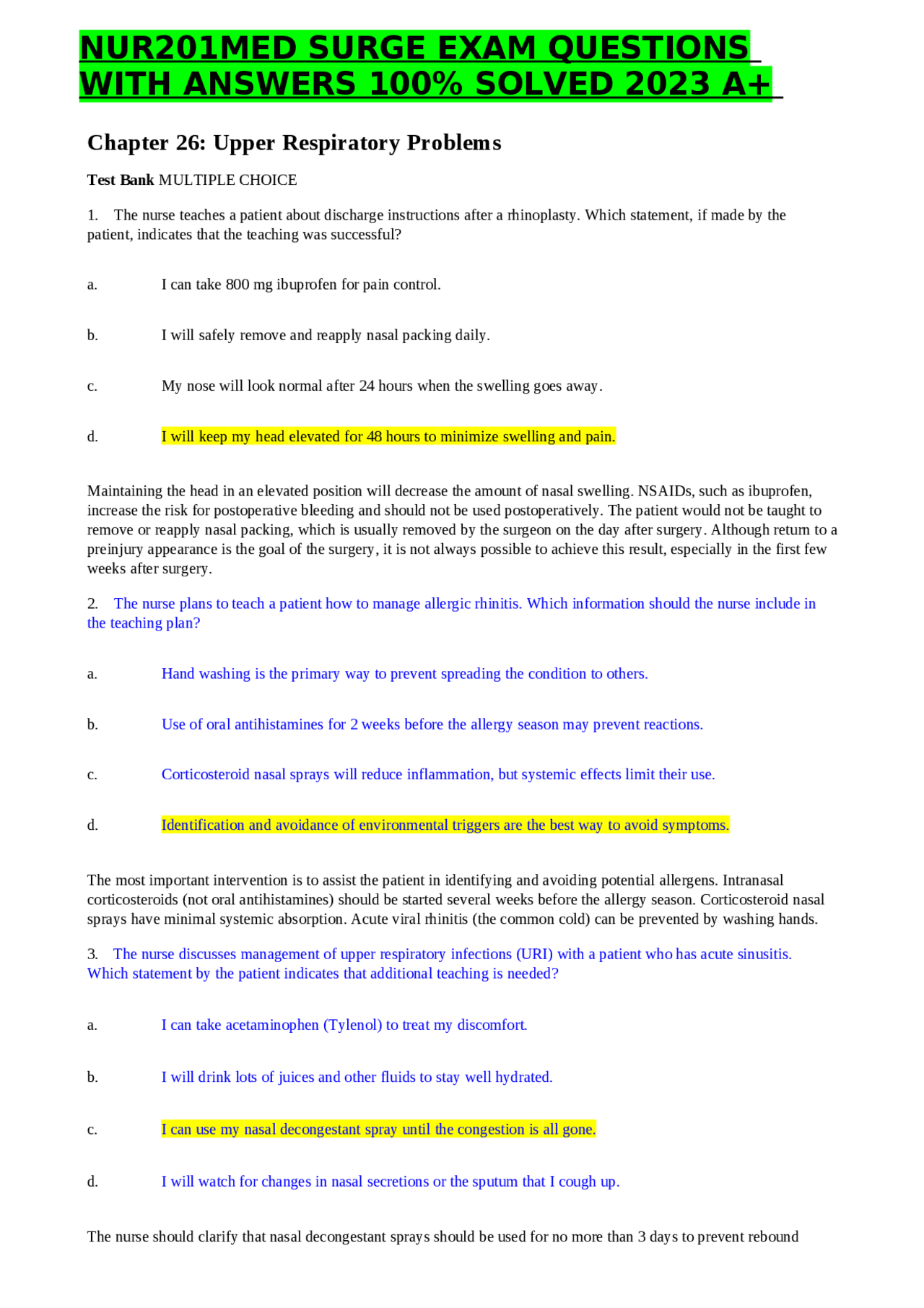 Nur201med Surge Exam Questions With Answers 100 Solved 2023 A Exams
