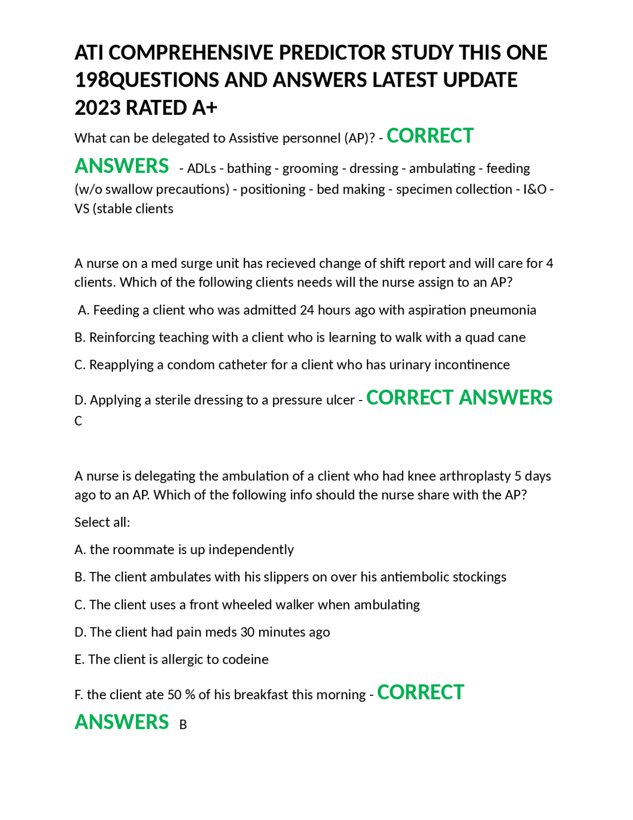 ATI COMPREHENSIVE PREDICTOR STUDY THIS ONE 198QUESTIONS AND ANSWERS ...