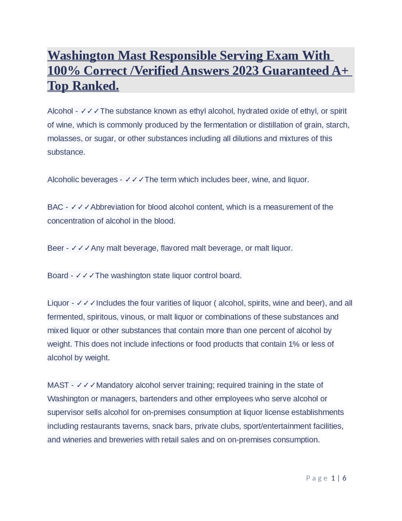 Washington Mast Responsible Serving Exam With 100% Correct /Verified ...