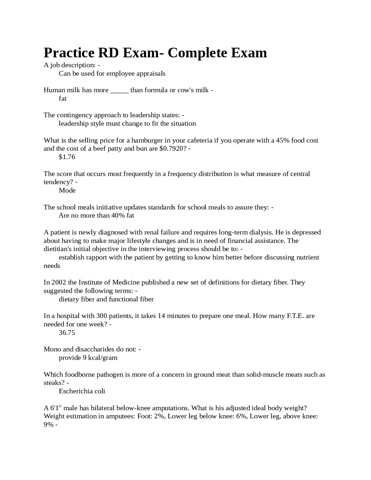 Practice RD Exam- Complete Exam | Exams Nutrition | Docsity