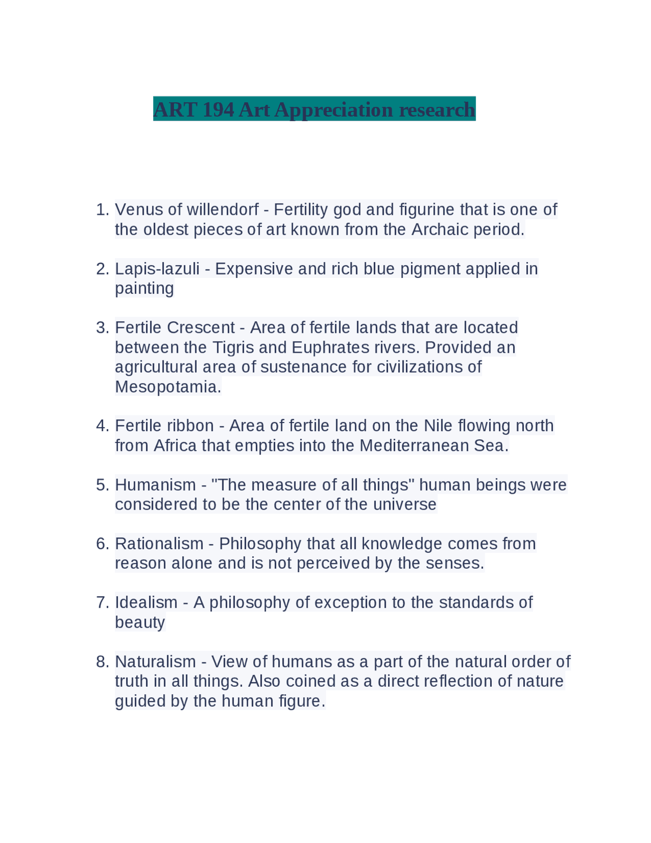 Art History Terms | Exams Statistics | Docsity