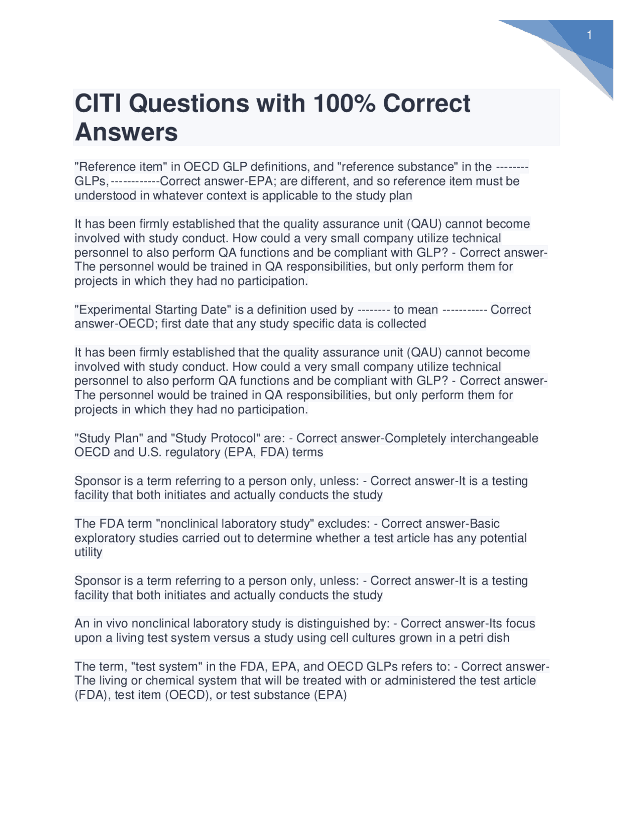 CITI Questions with 100% Correct Answers Latest solution | Exams ...
