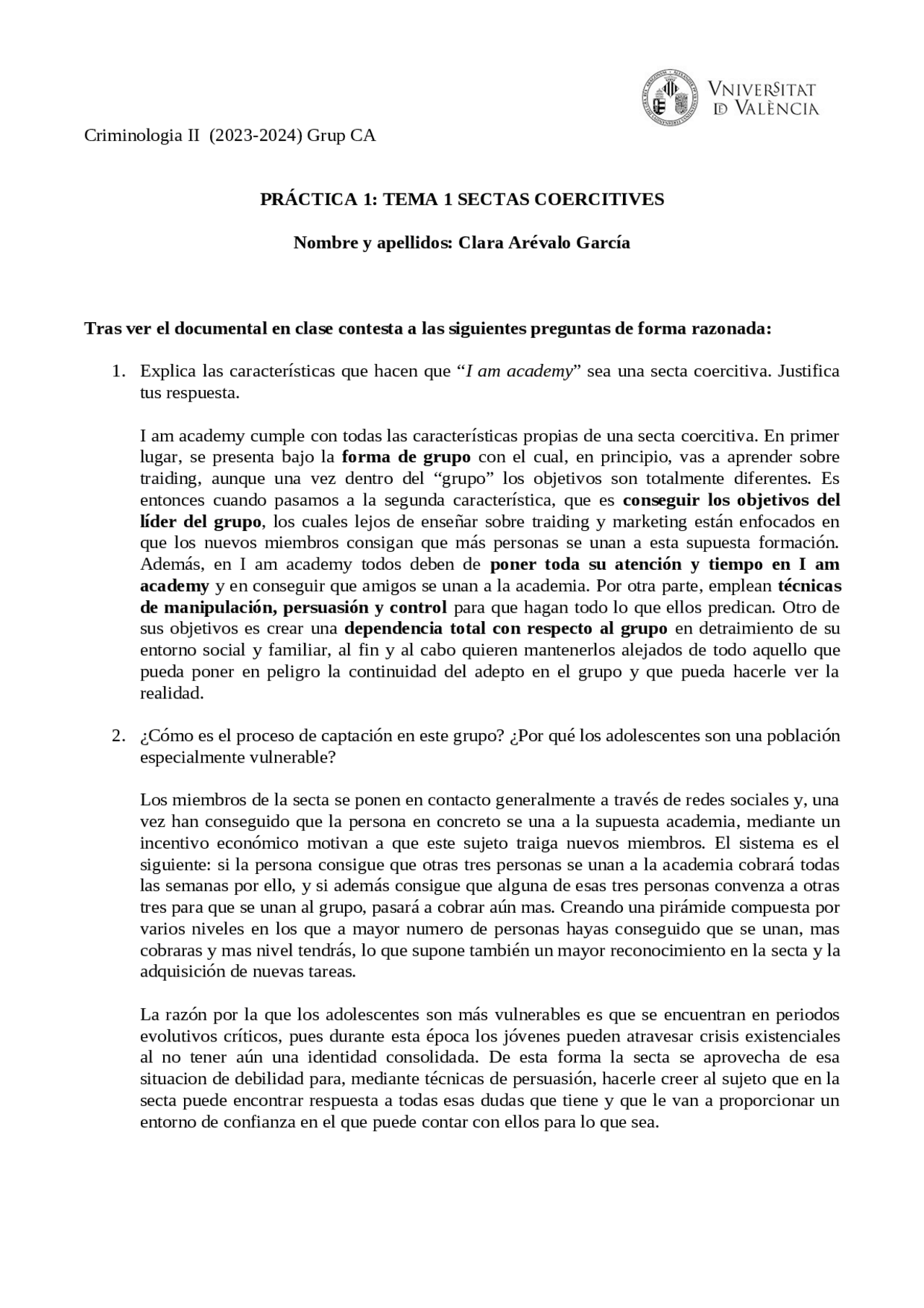 Prácticas Sectas Coercitivas Ejercicios De Criminología Docsity
