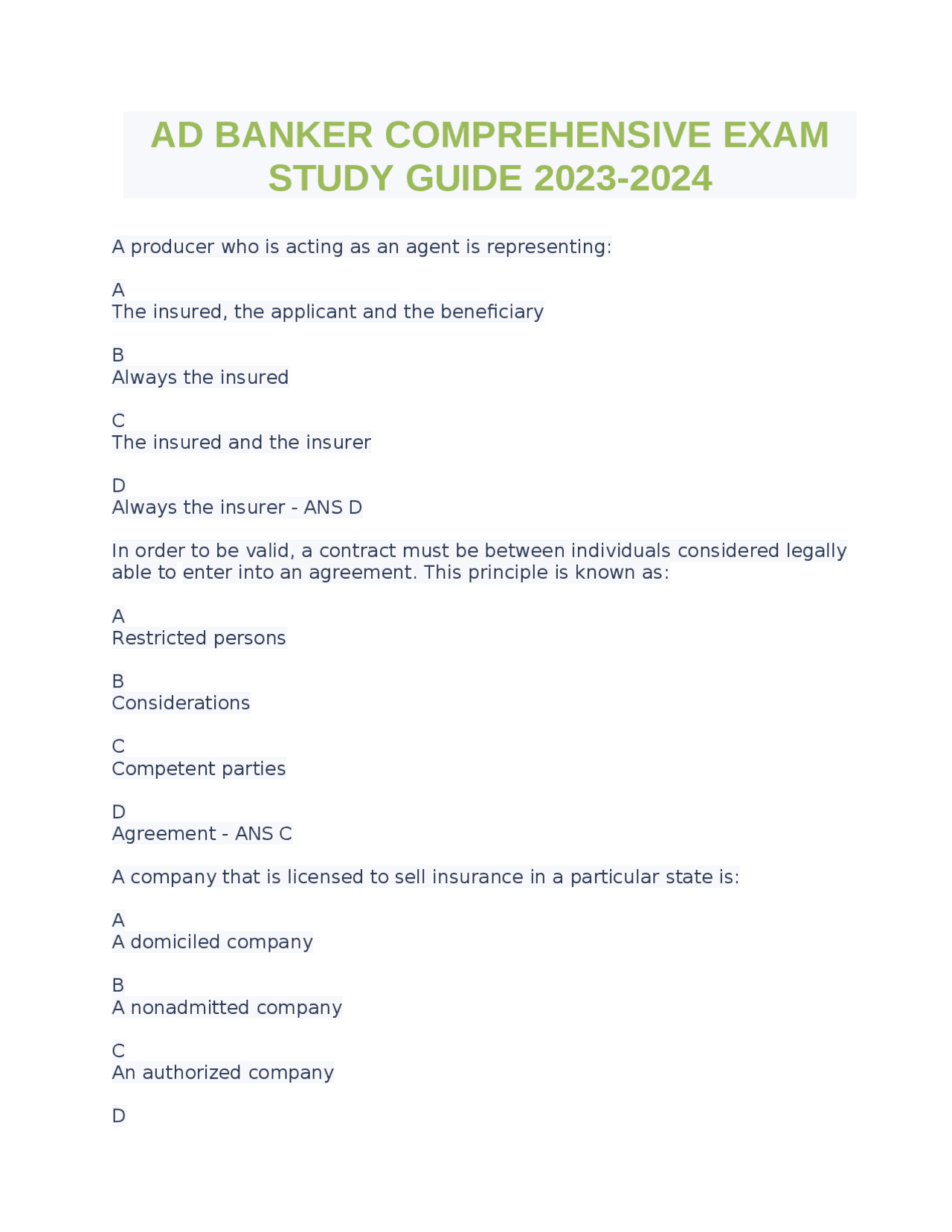 AD BANKER COMPREHENSIVE EXAM STUDY GUIDE 2023-2024 GRADED A+ | Exams Business Economics | Docsity
