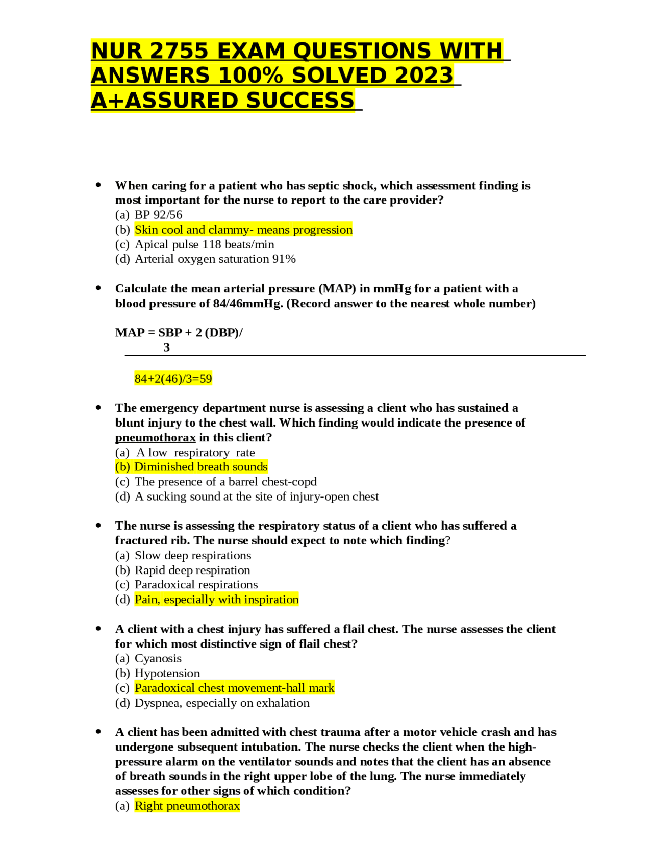 Nur 2755 Exam Questions With Answers 100 Solved 2023 Aassured Success