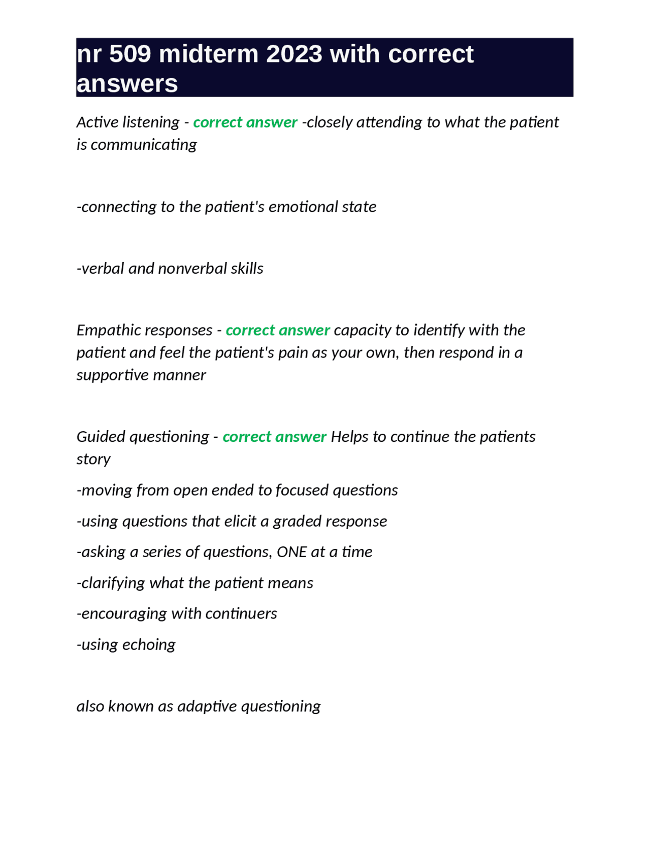 Nr 509 midterm 2023 with correct answers | Exams Nursing | Docsity