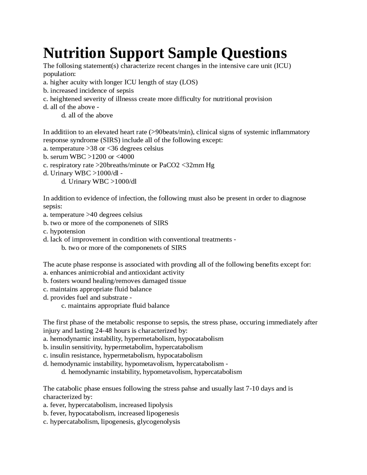 Nutrition Support Sample Questions | Exams Nutrition | Docsity