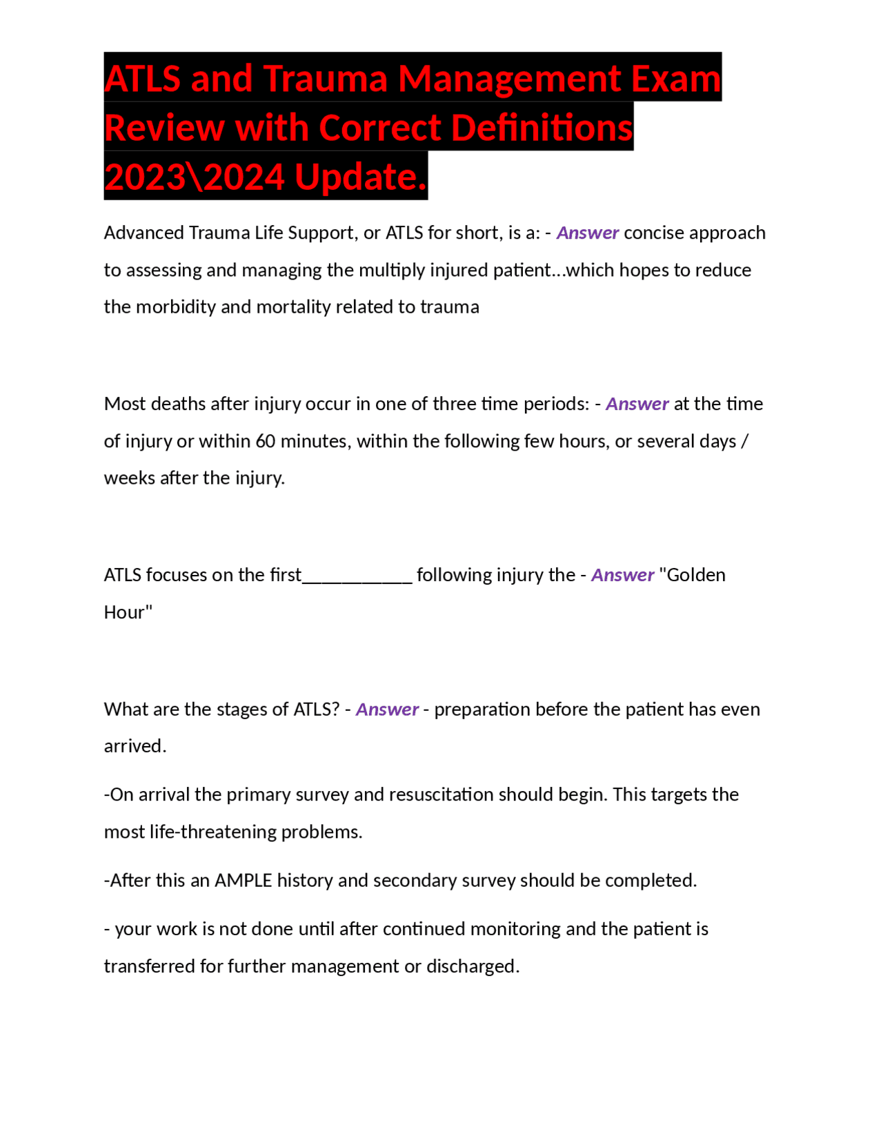ATLS and Trauma Management Exam Review with Correct Definitions 2023 ...