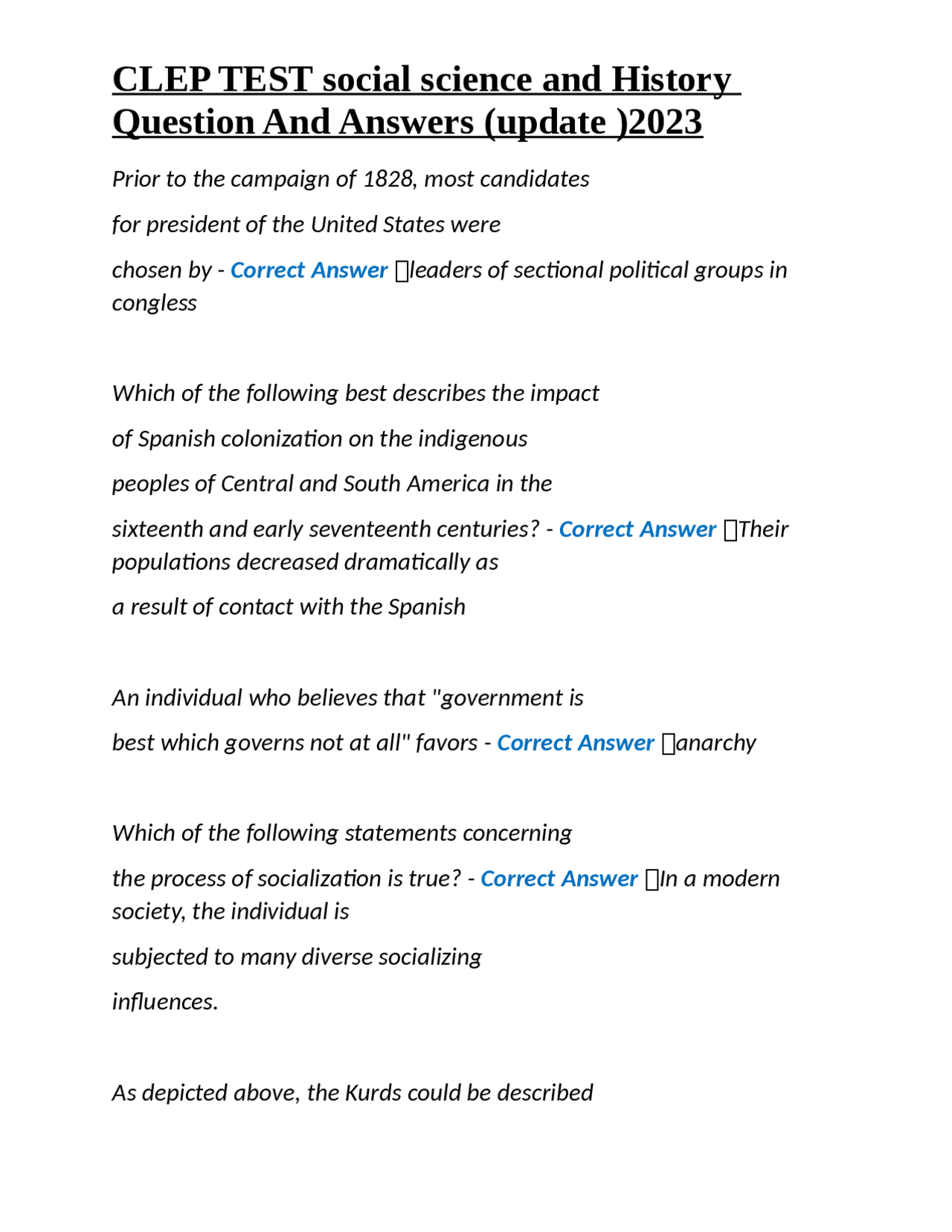 CLEP TEST social science and History Question And Answers (update )2023 ...