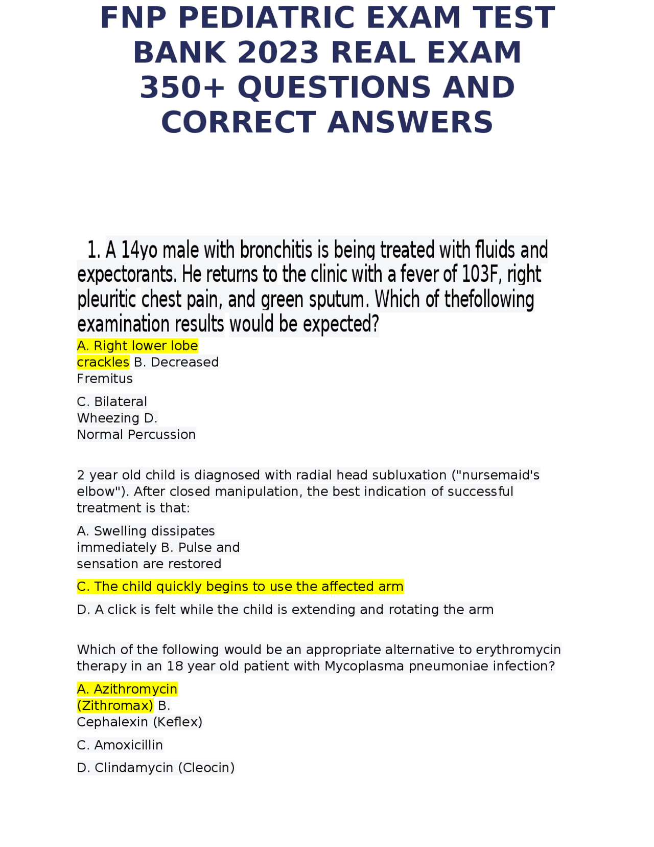 FNP PEDIATRIC EXAM TEST BANK 2023 REAL EXAM 350+ QUESTIONS AND CORRECT ...