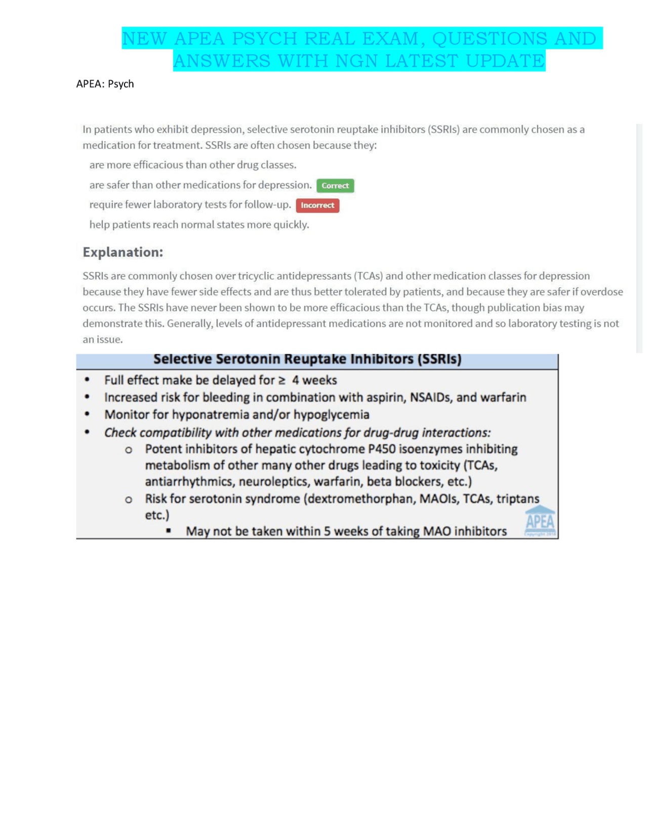NEW APEA PSYCH REAL EXAM, QUESTIONS AND ANSWERS WITH NGN LATEST UPDATE ...